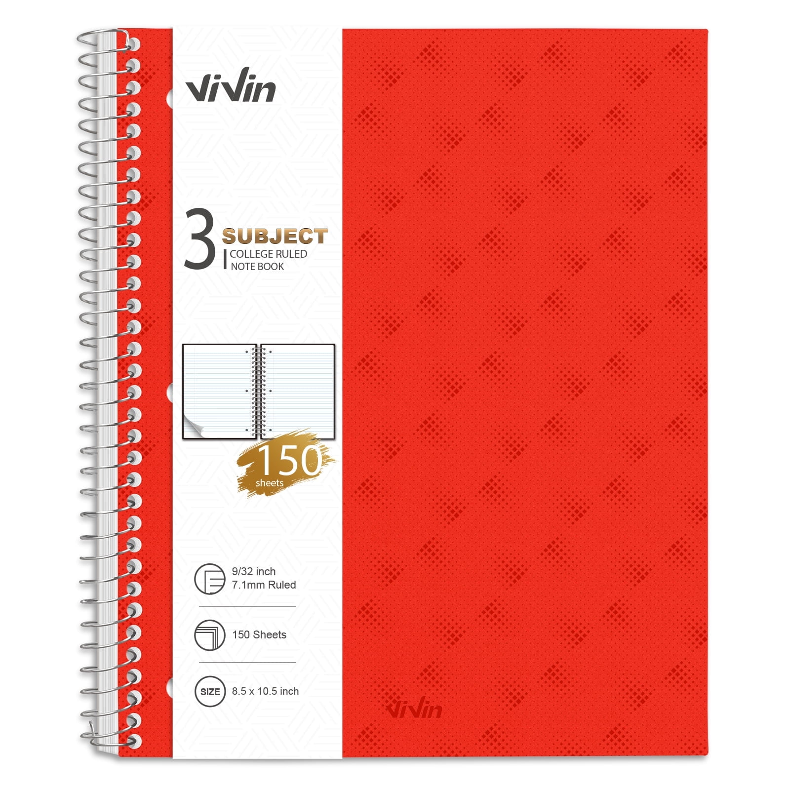 ViVin 3 Subject Notebook with Pockets, College Ruled, 150 Sheets, 8.5 x ...