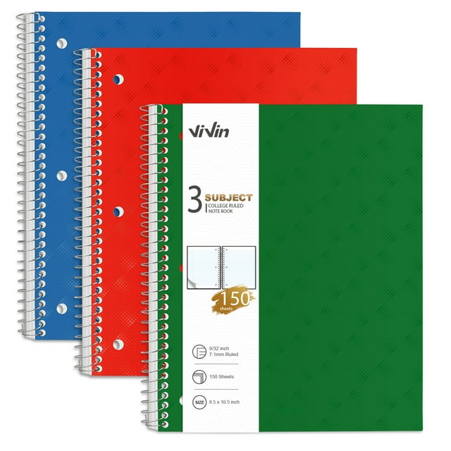 ViVin 3 Subject Wirebound Notebooks, 3 Pack, College Ruled, 150 Sheets ...