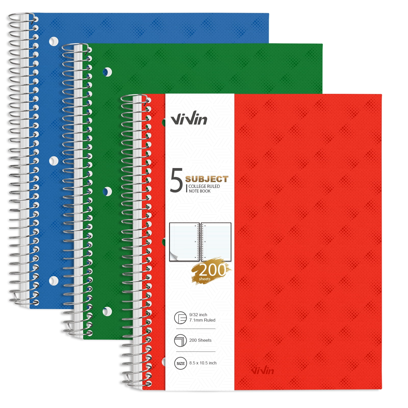 ViVin 5 Subject Notebook with 4 Removable Dividers,College Ruled, 200 ...