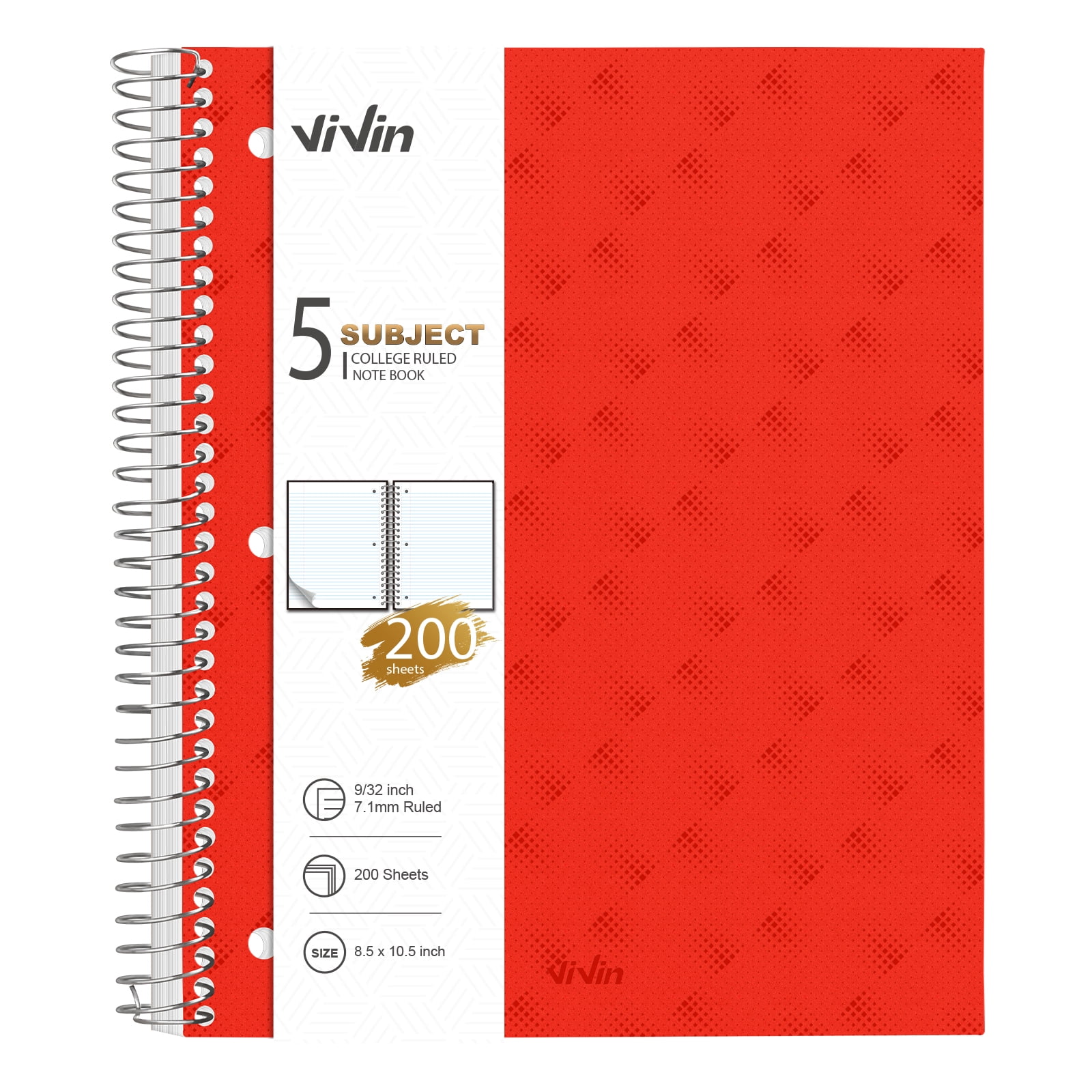 ViVin 5 Subject Notebook with 4 Removable Dividers, College Ruled, 200 ...