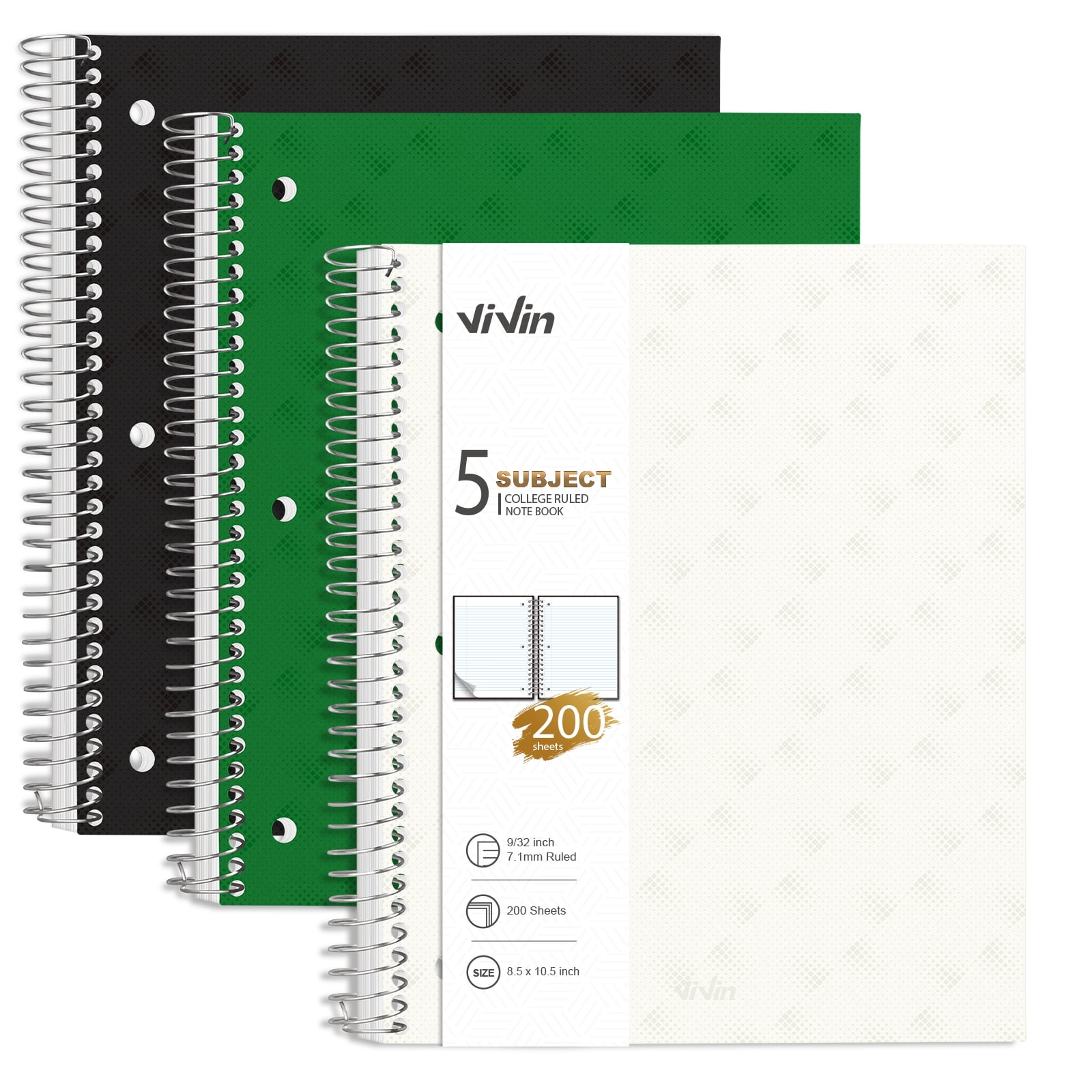 ViVin 5 Subject Notebook with Water Resistant Cover and 4 Removable ...