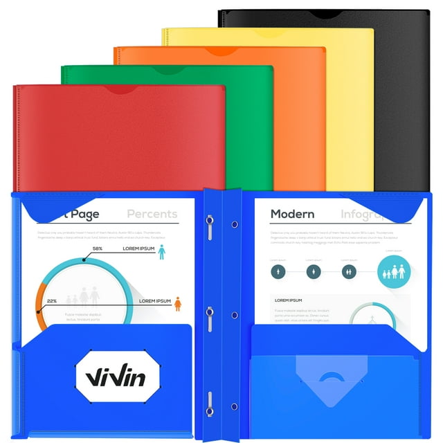 ViVin Heavy Duty Plastic Pocket Folders with Prongs, 2 Pockets Folder ...