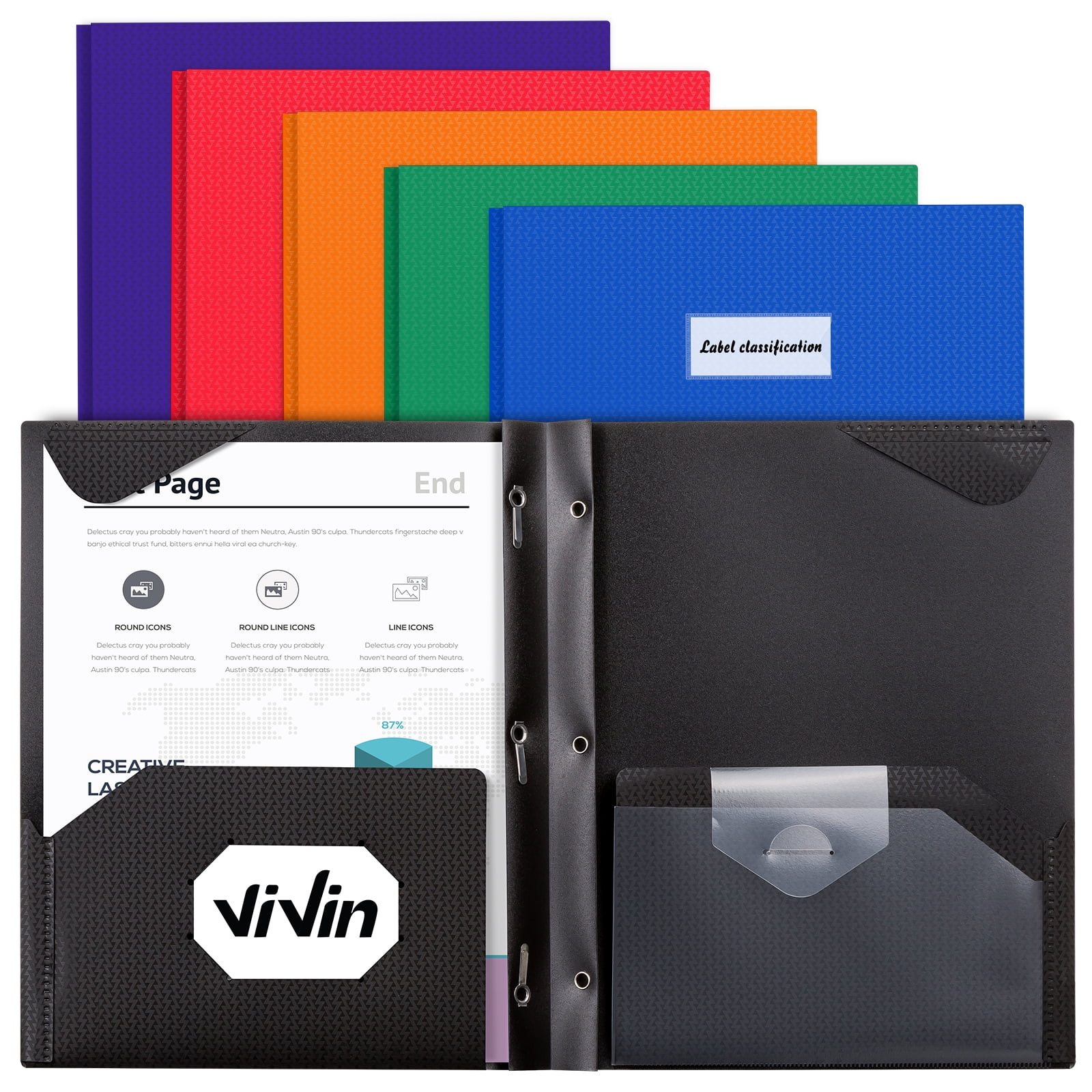ViVin Plastic Folder with Pockets and 3 Prongs, 6 Packs, Assorted ...