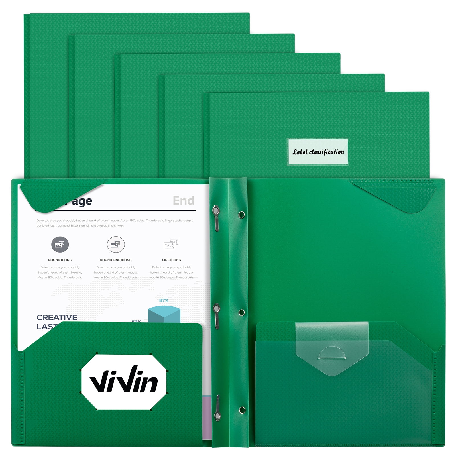 ViVin Plastic Folder with Pockets and 3 Prongs,6 Packs, Green Lighting ...