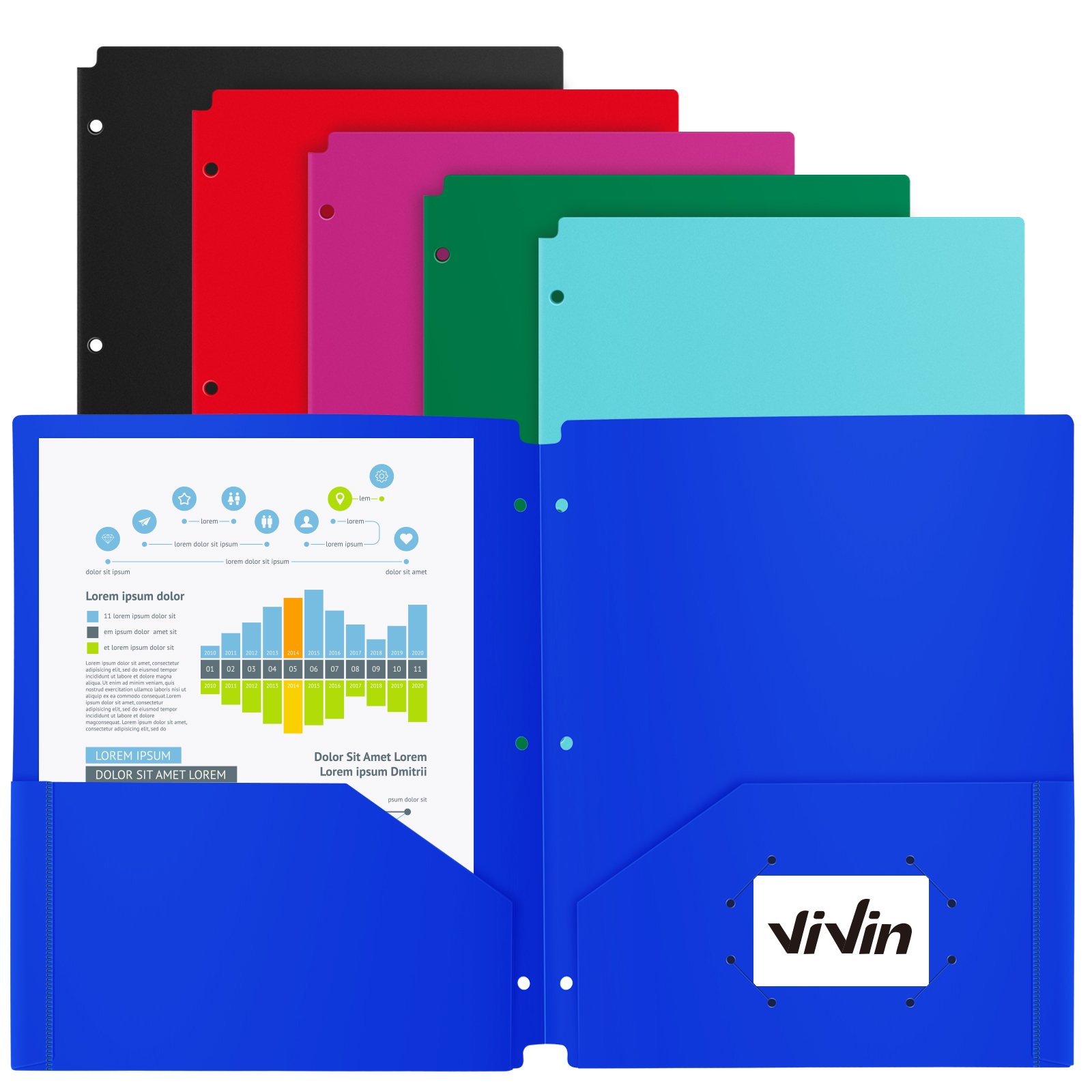 ViVin Plastic Pocket Folders 3 Hole Punched with 2 Pockets, Hold Letter ...
