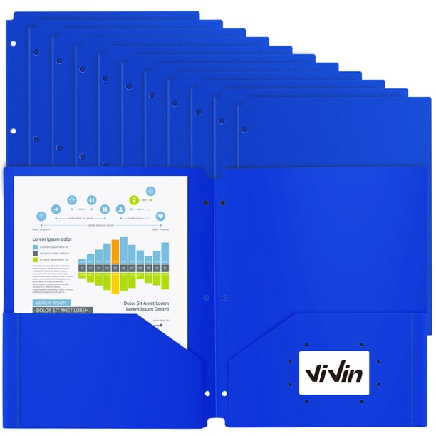 ViVin Plastic Pokect File Folder 3-hole Punched with 2 Pockets 12-pack ...