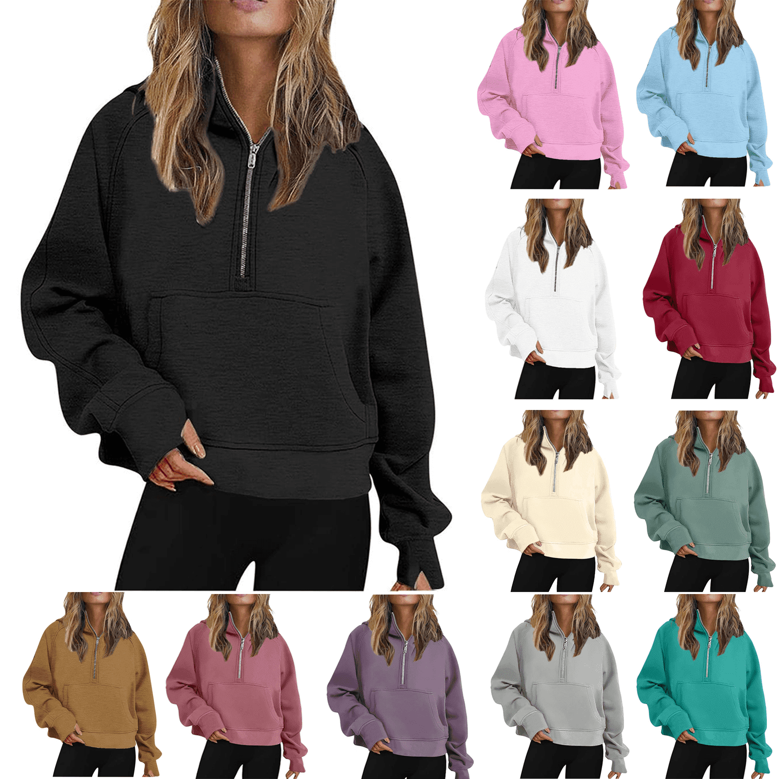 Viadha Lightweight Sweaters for Women Half Zip Sweatshirts Cropped Thumb Sleeve Hoodies Fleece ...
