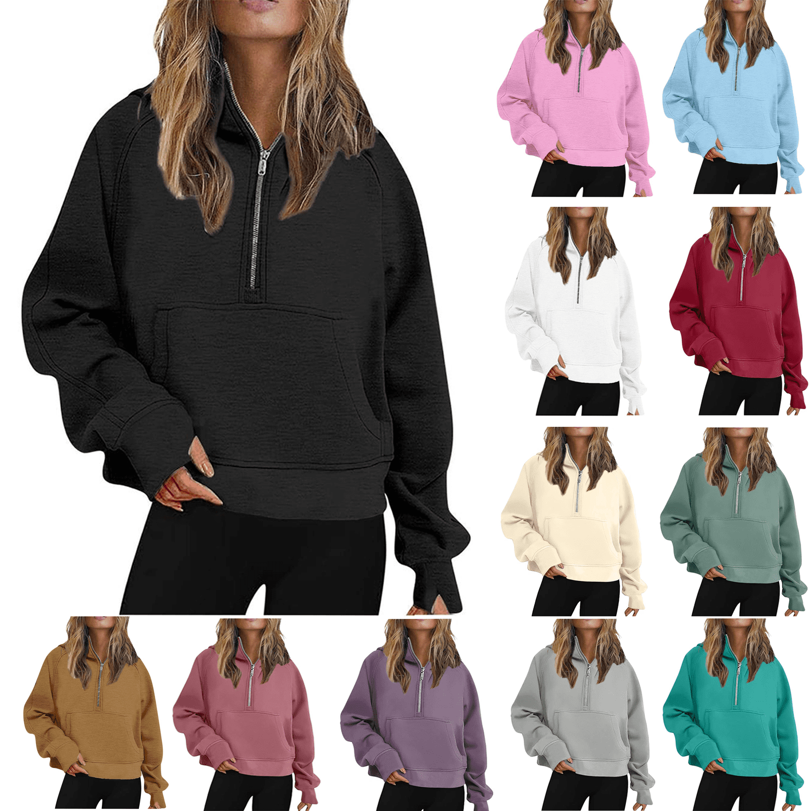 Viadha Oversized Sweater Half Zip Sweatshirts Cropped Thumb Sleeve ...