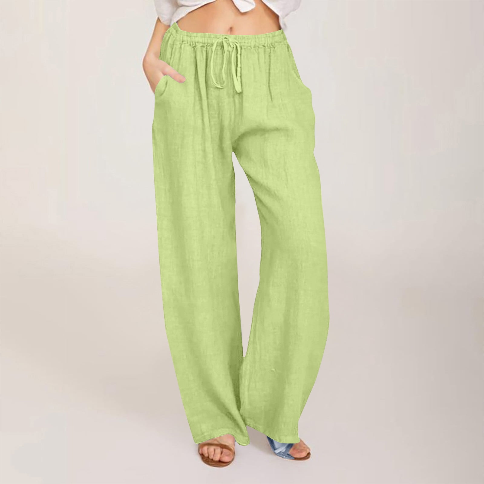 Viadha Women Plus Size Cotton Linen Wide Leg Pants Casual Loose Fit Elastic High Waist ...