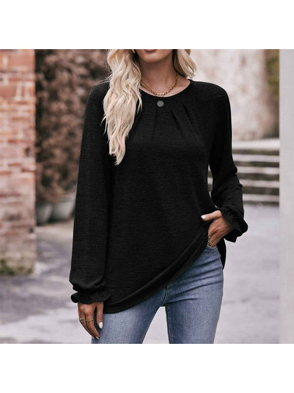 Viadha Women's Puff Long Sleeve Tunic Tops Pleated Crew Neck Blouses ...