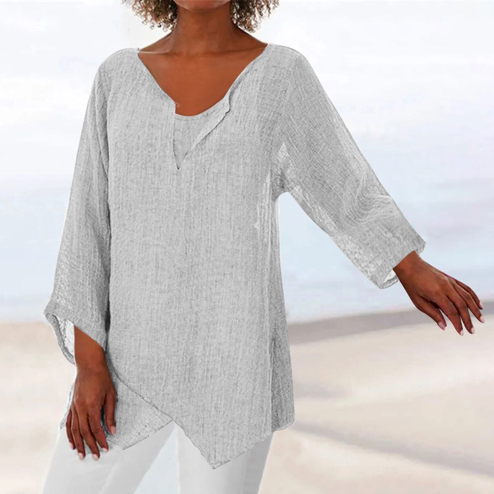 Viadha Womens Long Sleeve Tops Women's V-Neck Split Casual Loose Cotton ...