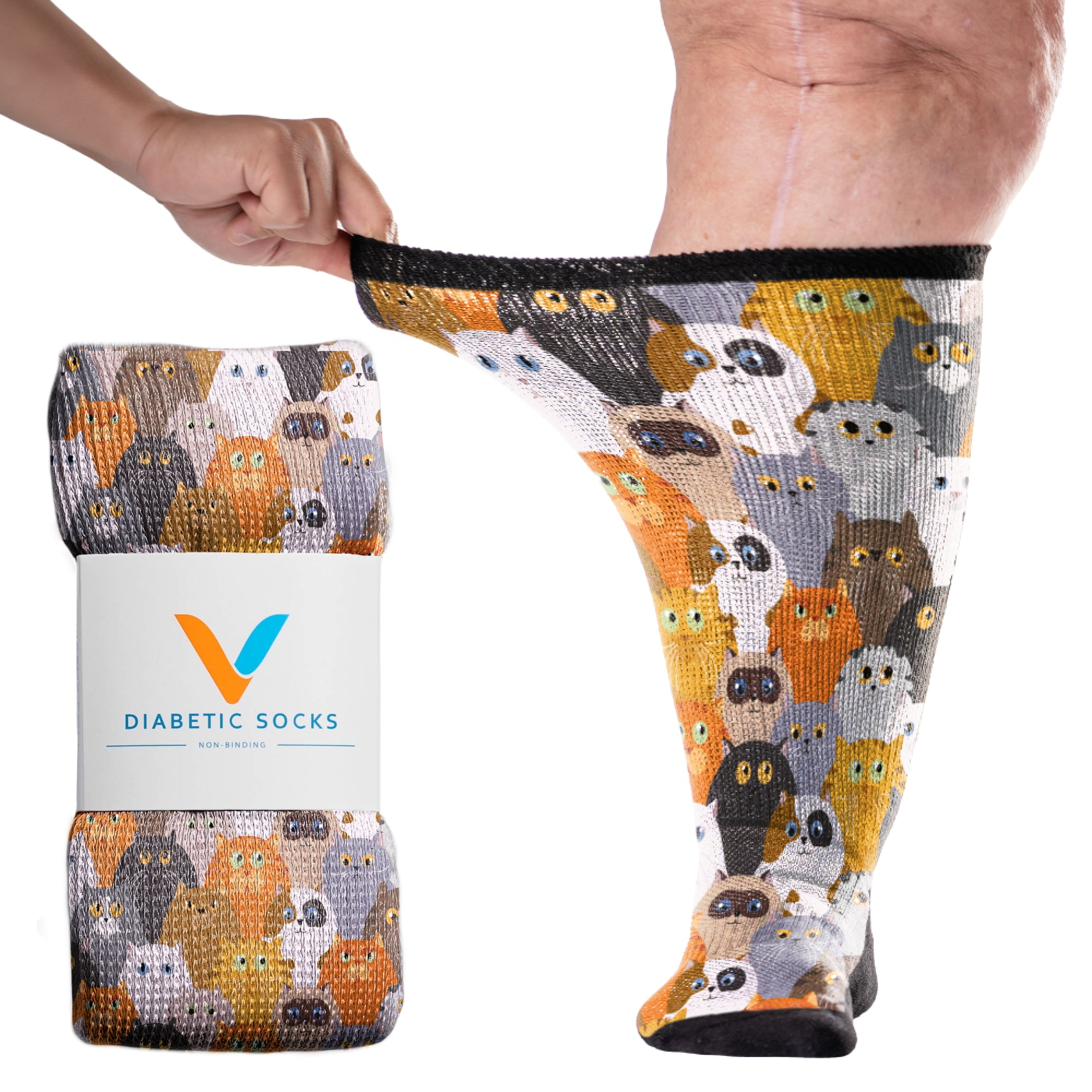 Viasox Cats EasyStretch Diabetic Socks for Men & Women, Non Binding Top ...
