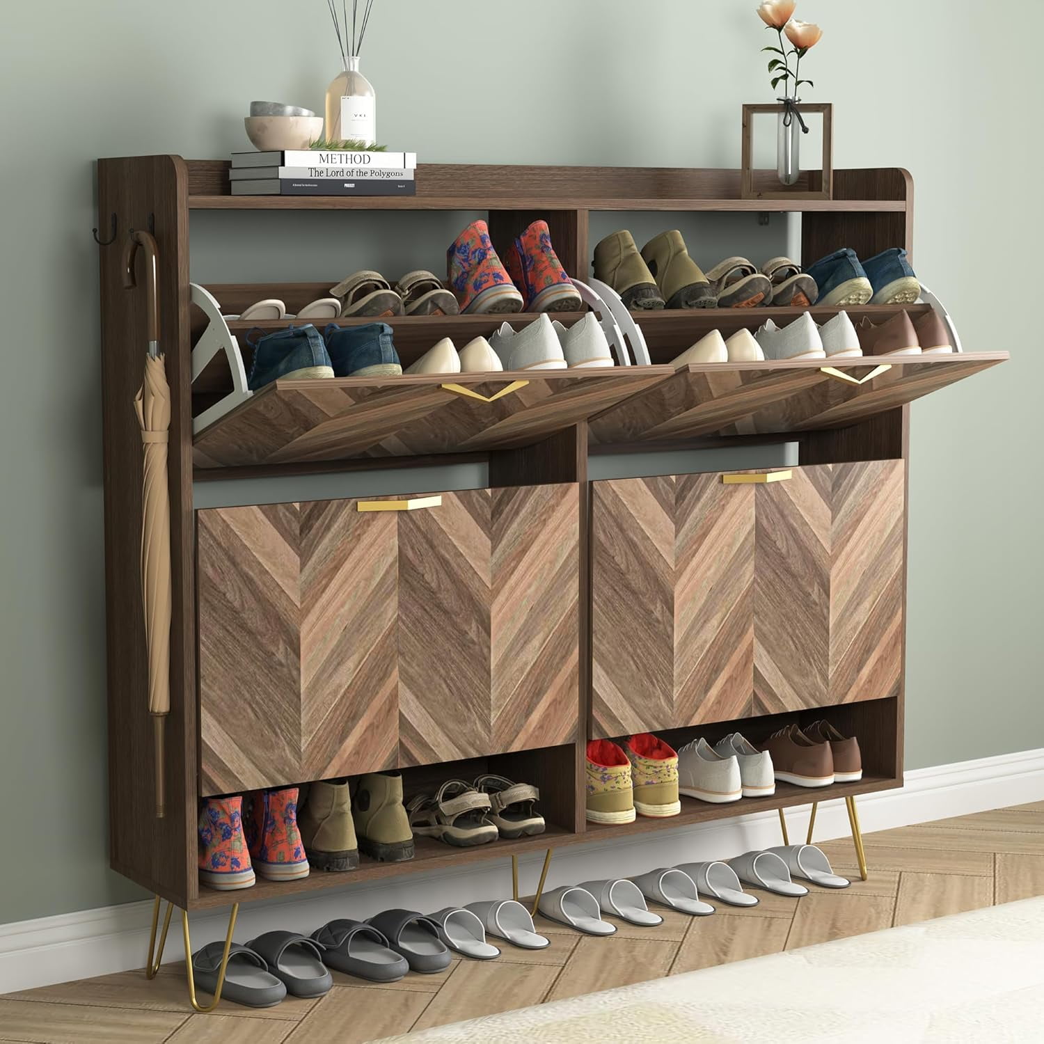 Vibe & Dine 2 Flip Drawer Shoe Cabinet Narrow Shoe Organizer with Metal ...