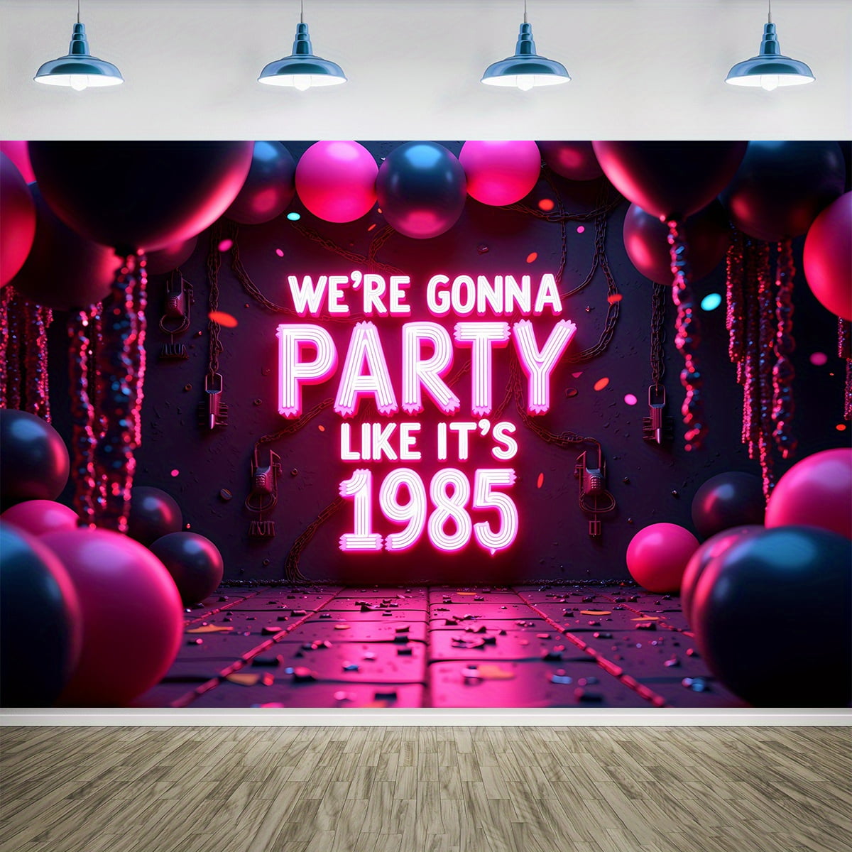 Vibrant 1985 Party Backdrop - Pink & Black Balloons, "WE'RE GONNA PARTY ...