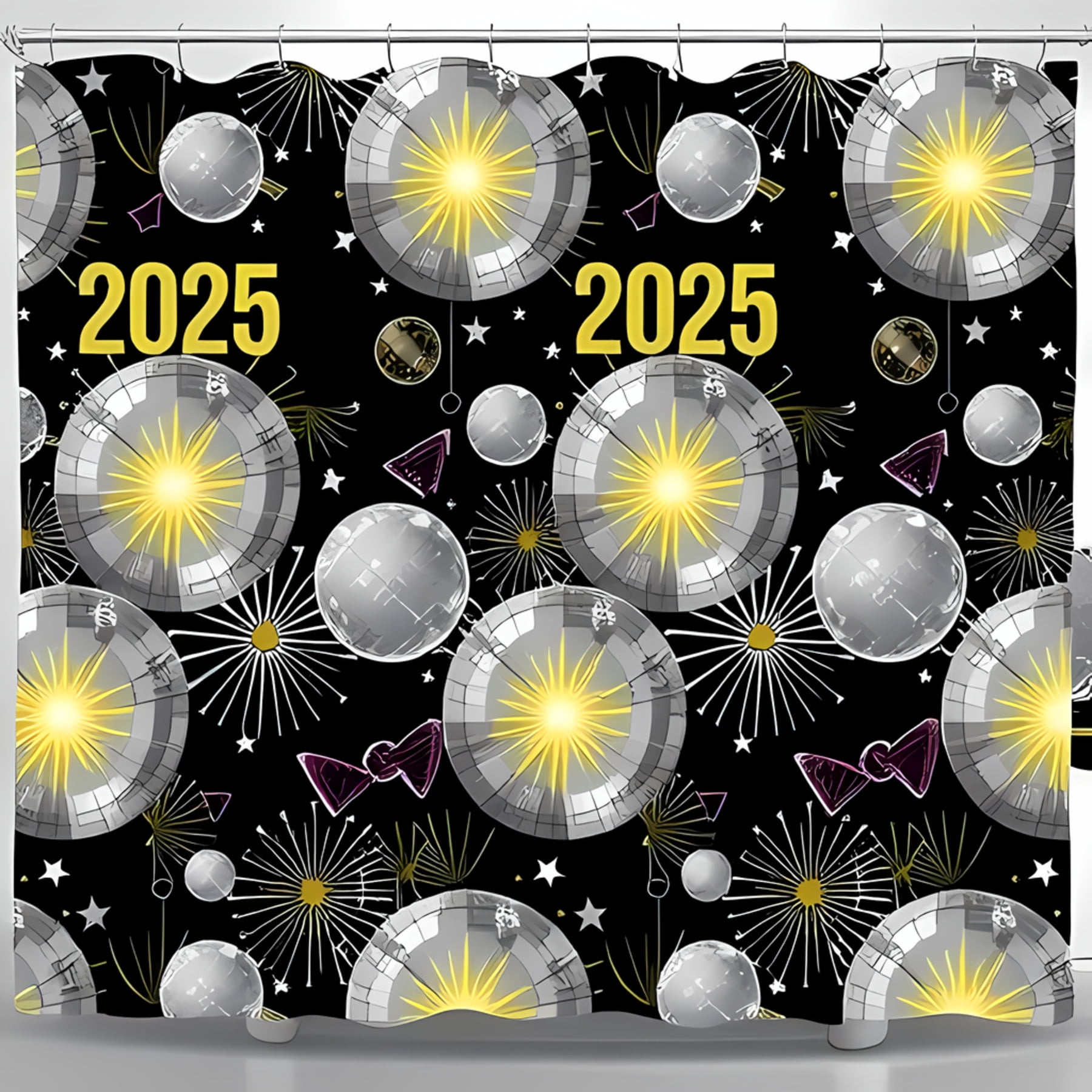 Vibrant 2025 New Year Shower Curtain with Disco Balls & Festive ...