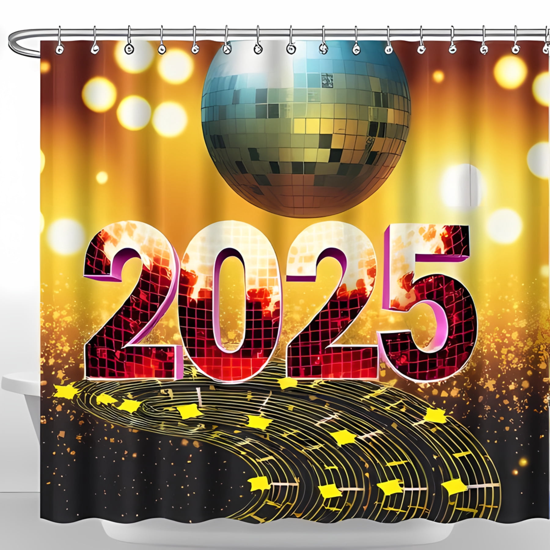Vibrant 2025 Shower Curtain Bold Numbers Shimmering Gold Background ...
