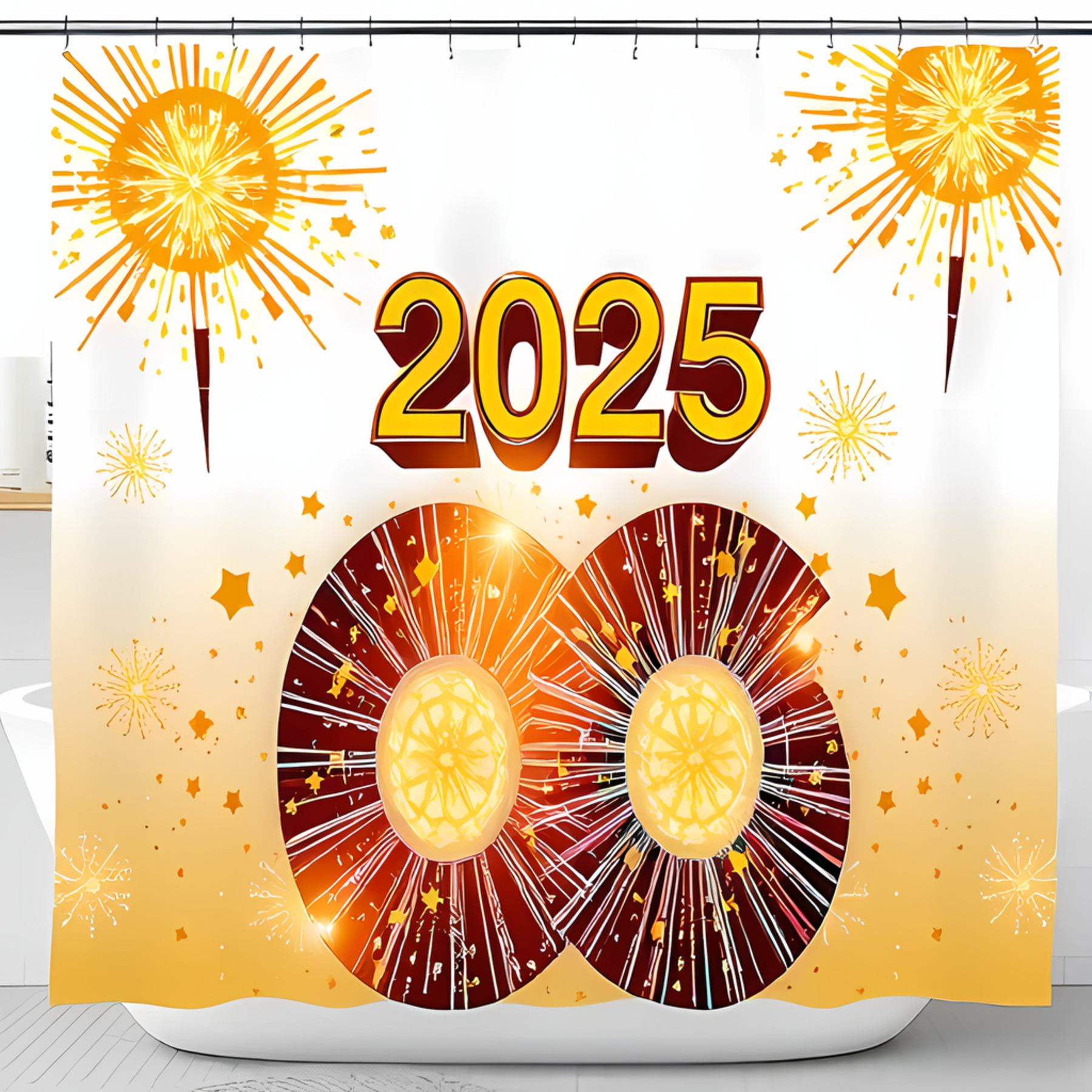 Vibrant 2025 Shower Curtain with Bold Yellow Numerals and Golden Stars ...