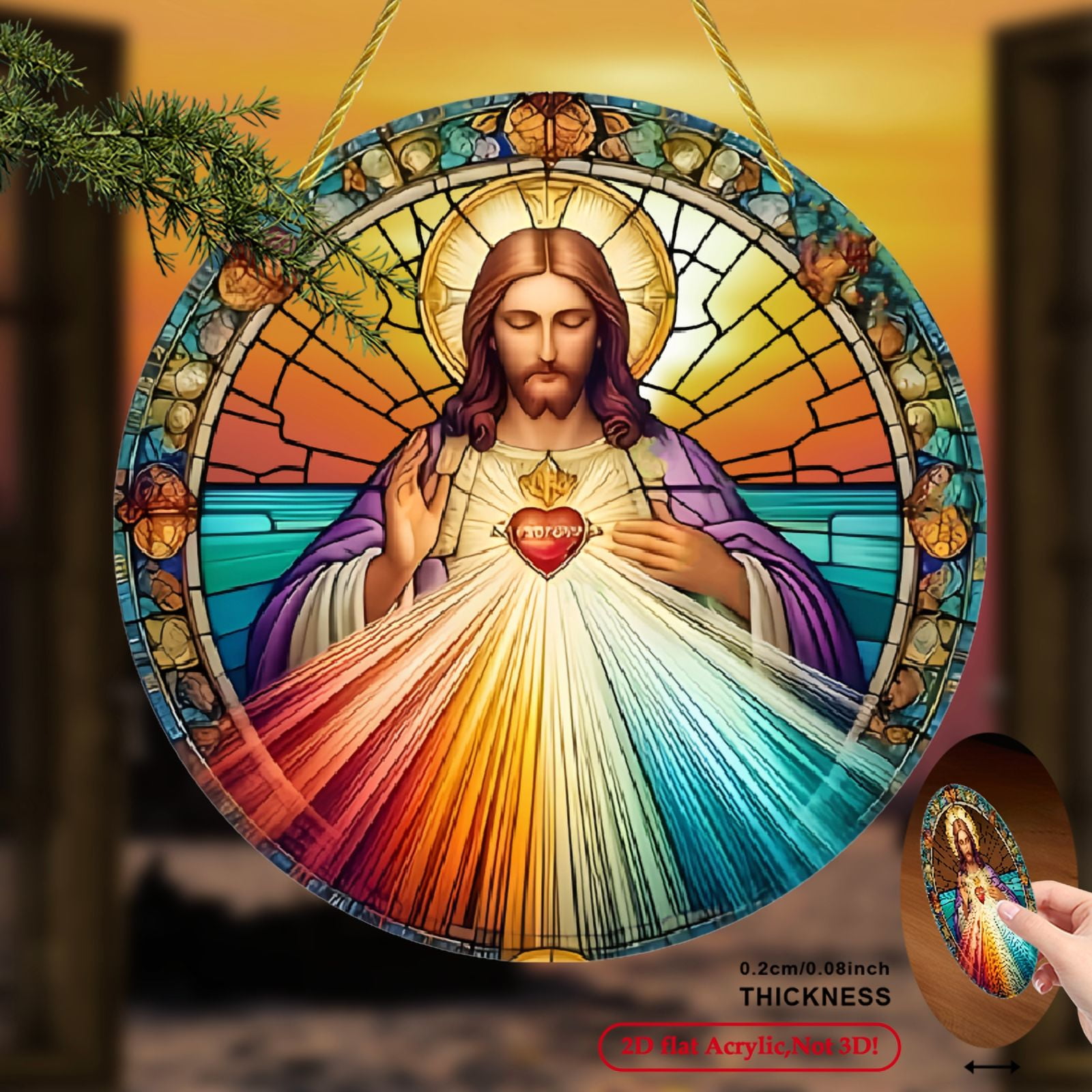 Vibrant 2D Jesus Sun Catcher - Acrylic Round Religious Wall Art with ...