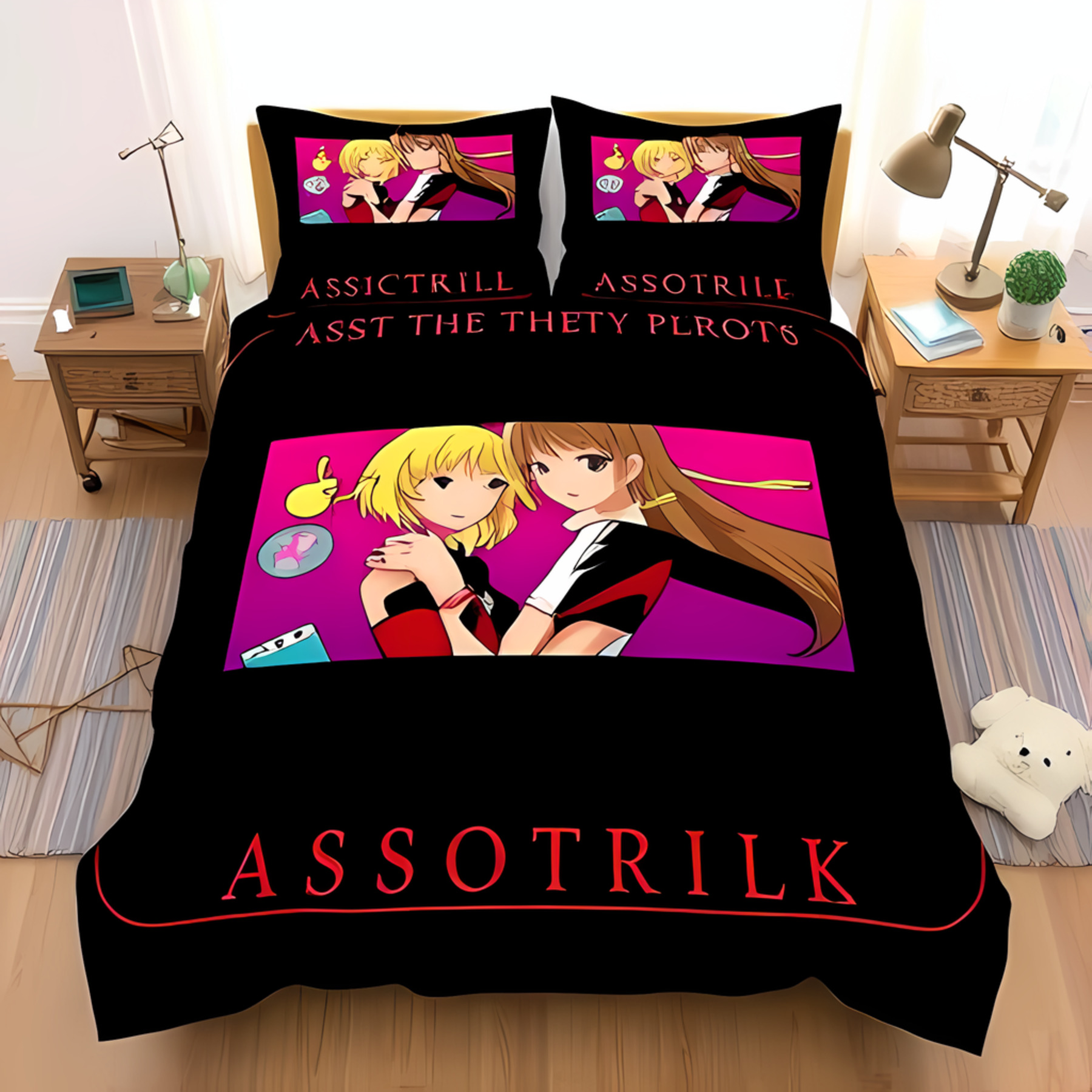 Vibrant 3-Piece Anime Duvet Cover Set - Black Bedspread with Colorful ...
