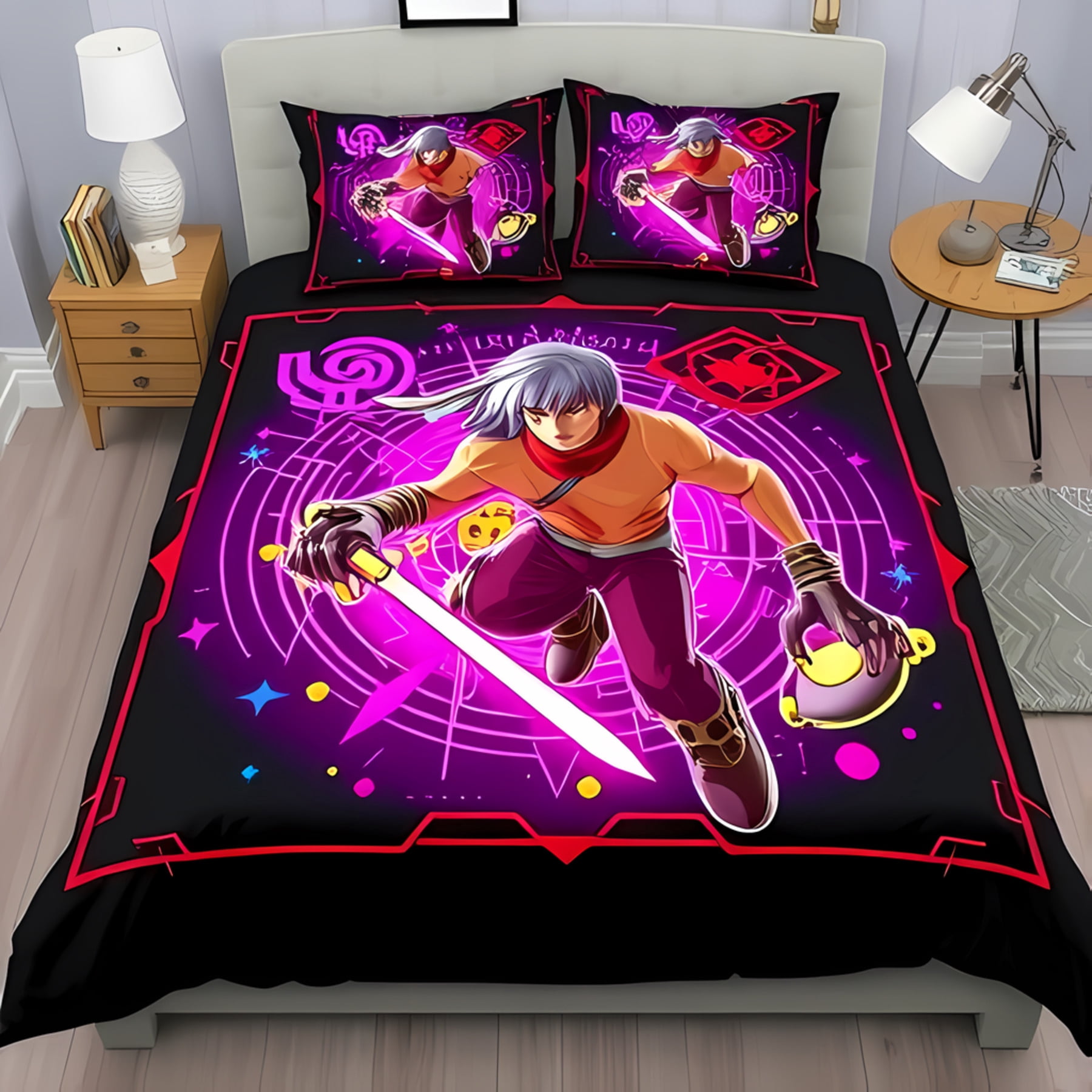 Vibrant 3-Piece Anime Duvet Cover Set with Glowing Purple & Pink Design ...