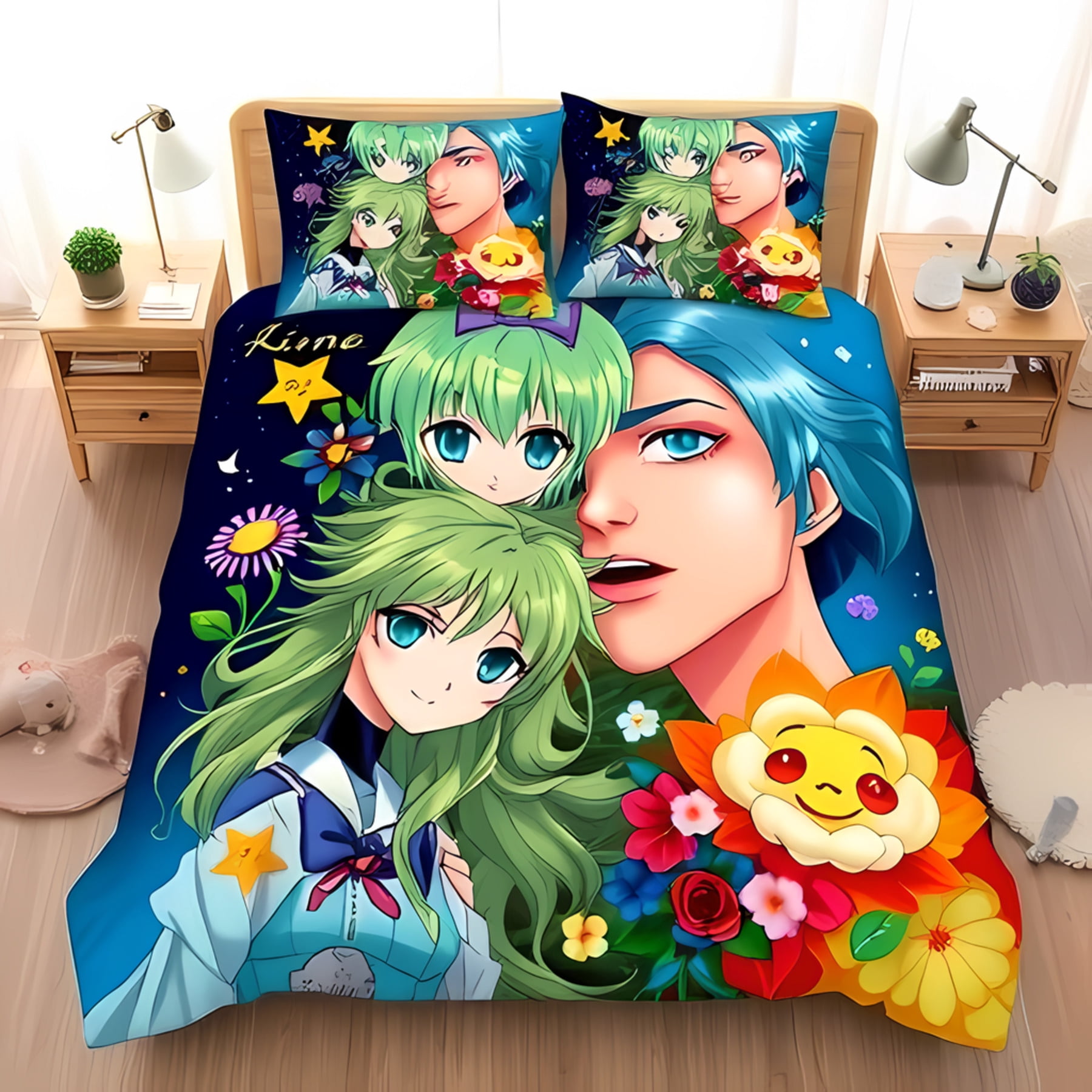 Vibrant 3-Piece Anime-Inspired Duvet Cover Set with Blue-Haired Hero ...