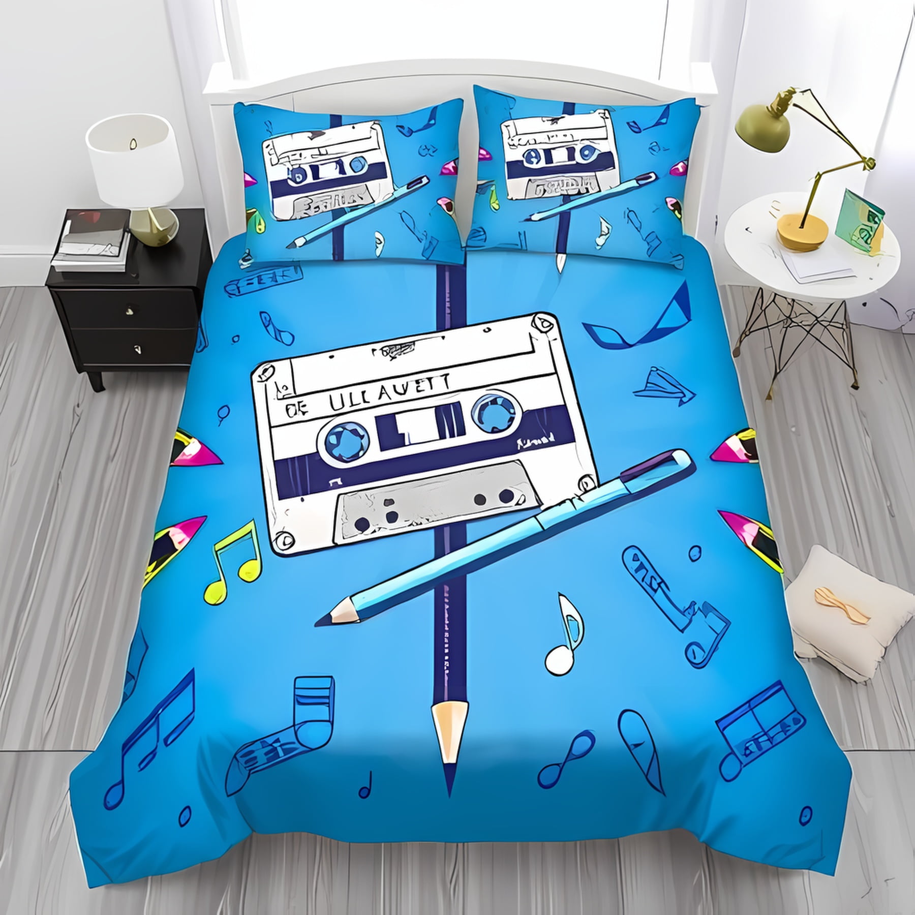 Vibrant 3-Piece Bedding Set - Oversized Cassette Tapes & Musical Notes ...