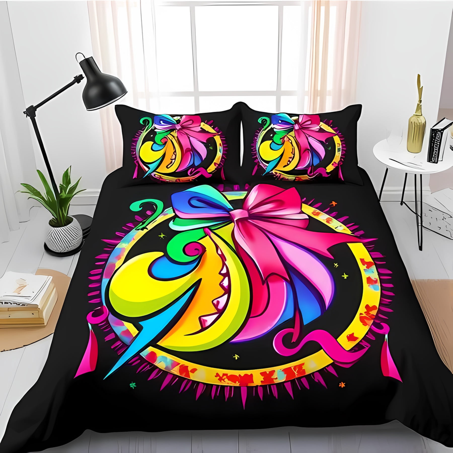 Vibrant 3-Piece Black Bedding Set with Graffiti-Style Rainbow Bow ...
