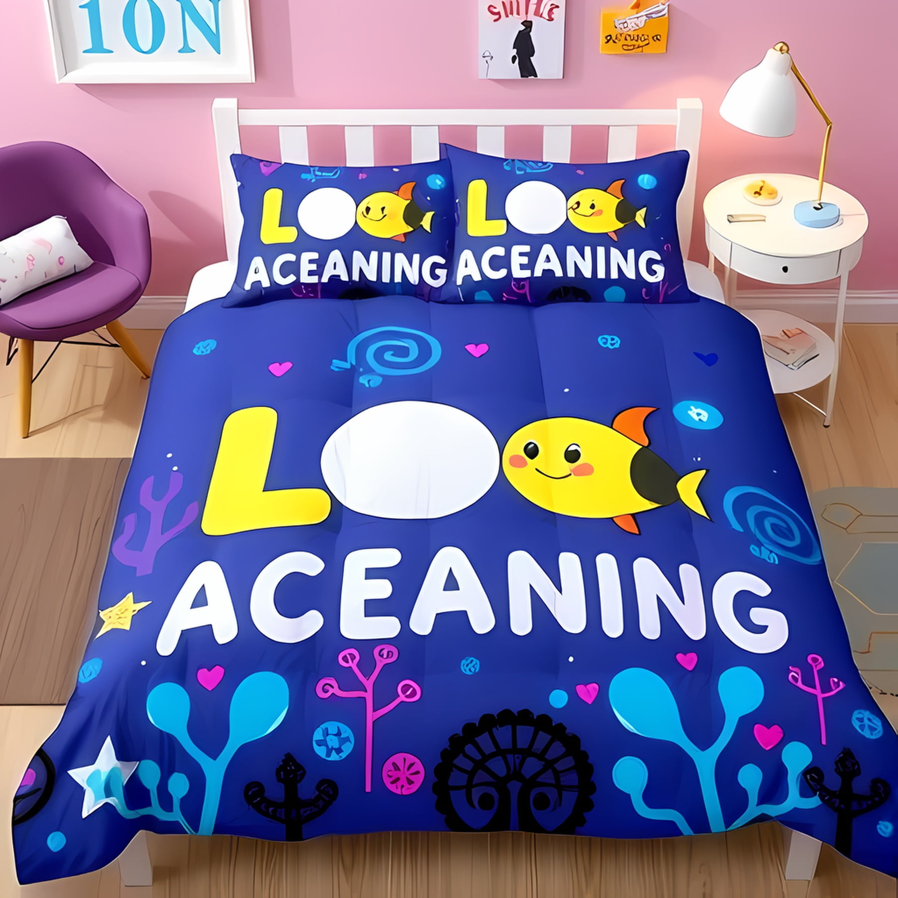 Vibrant 3-Piece Blue Comforter Set with Playful Yellow Fish & "Loo ...