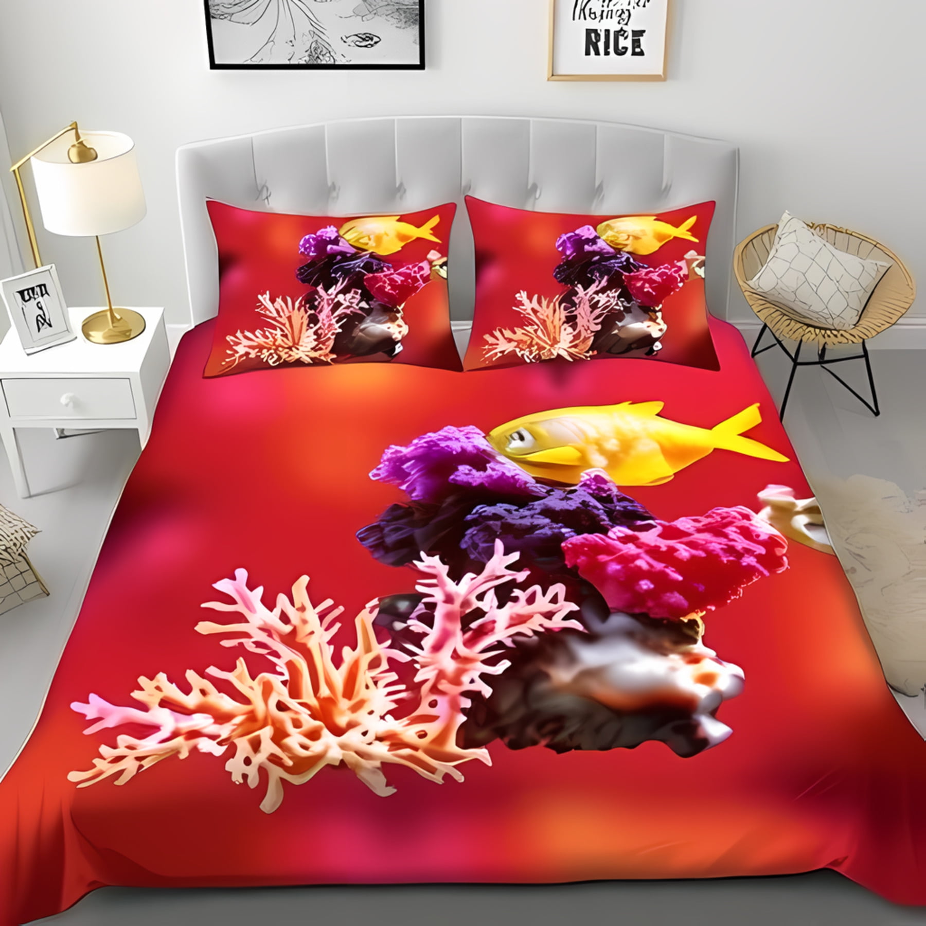 Vibrant 3-Piece Coral Reef Duvet Cover Set - Red Bedding with Colorful ...