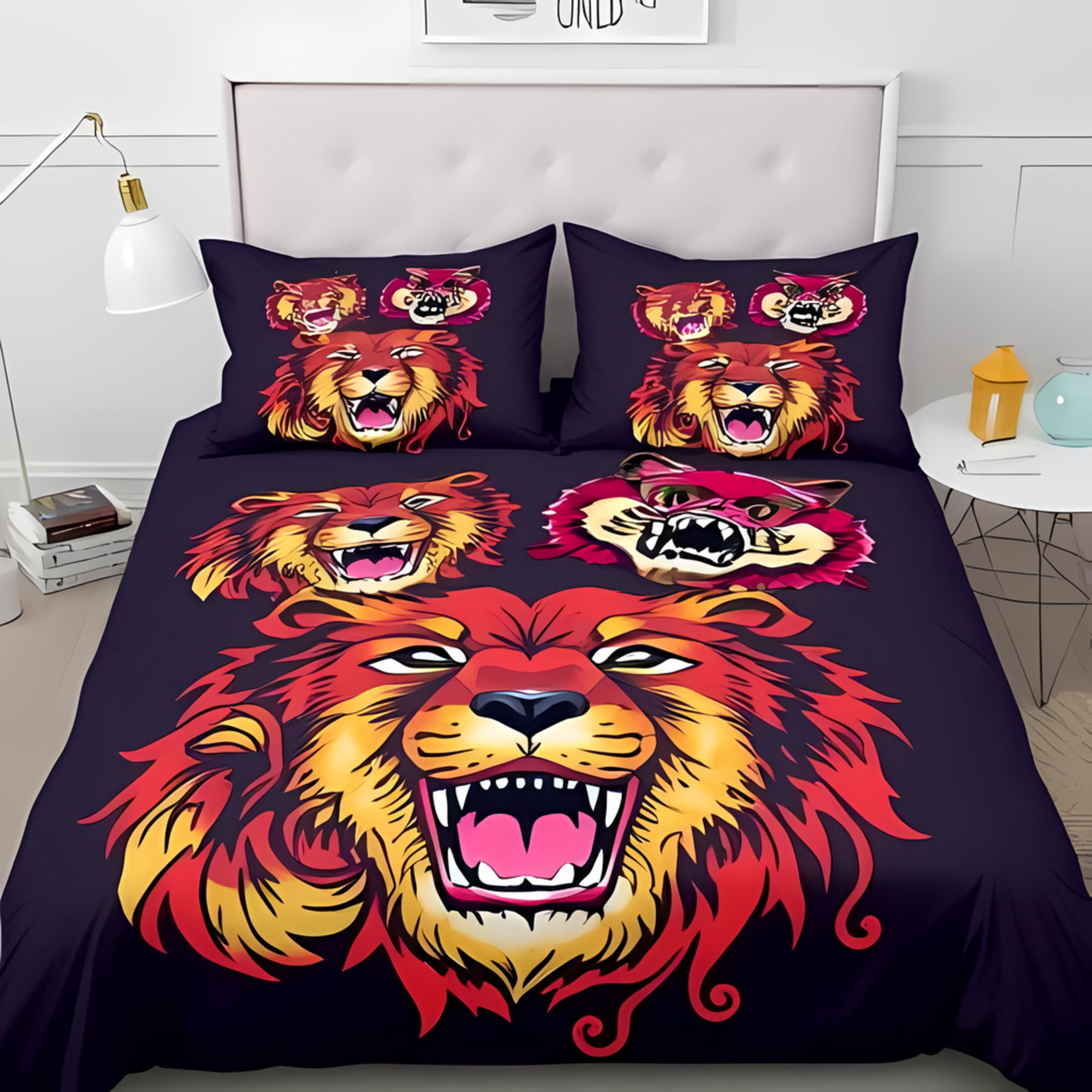 Vibrant 3-Piece Dark Purple Duvet Cover Set with Roaring Lion Heads in ...