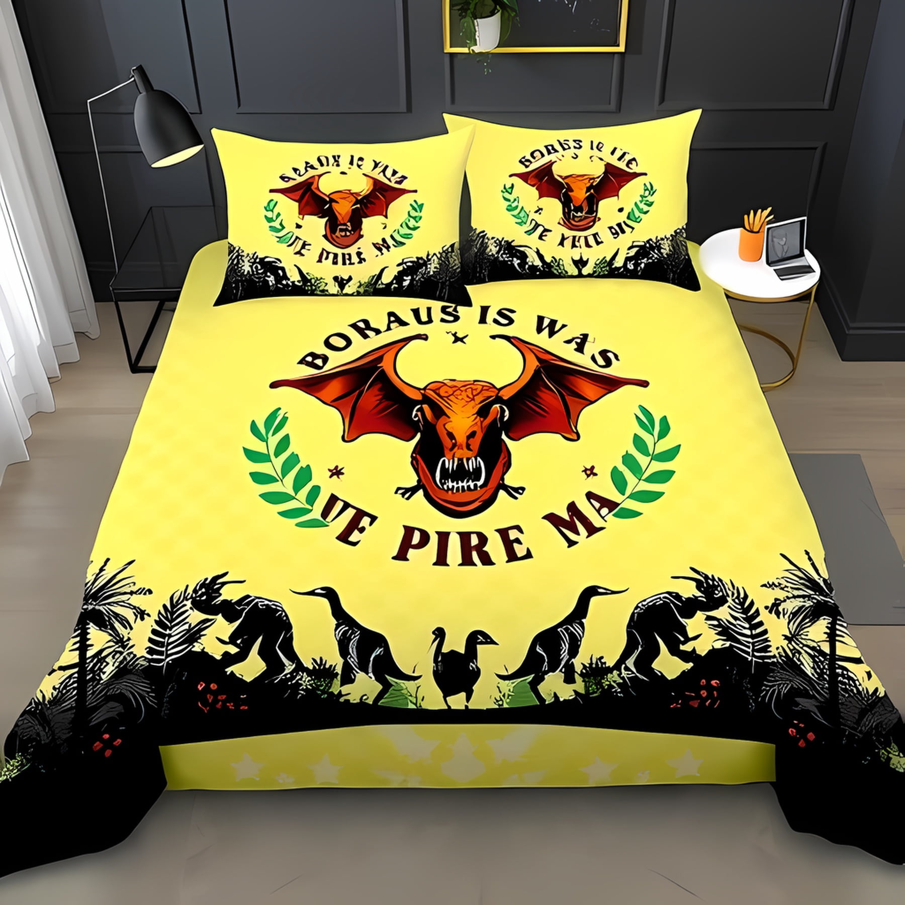 Vibrant 3-Piece Dragon Duvet Cover & Pillowcase Set - Bold Yellow Fiery ...