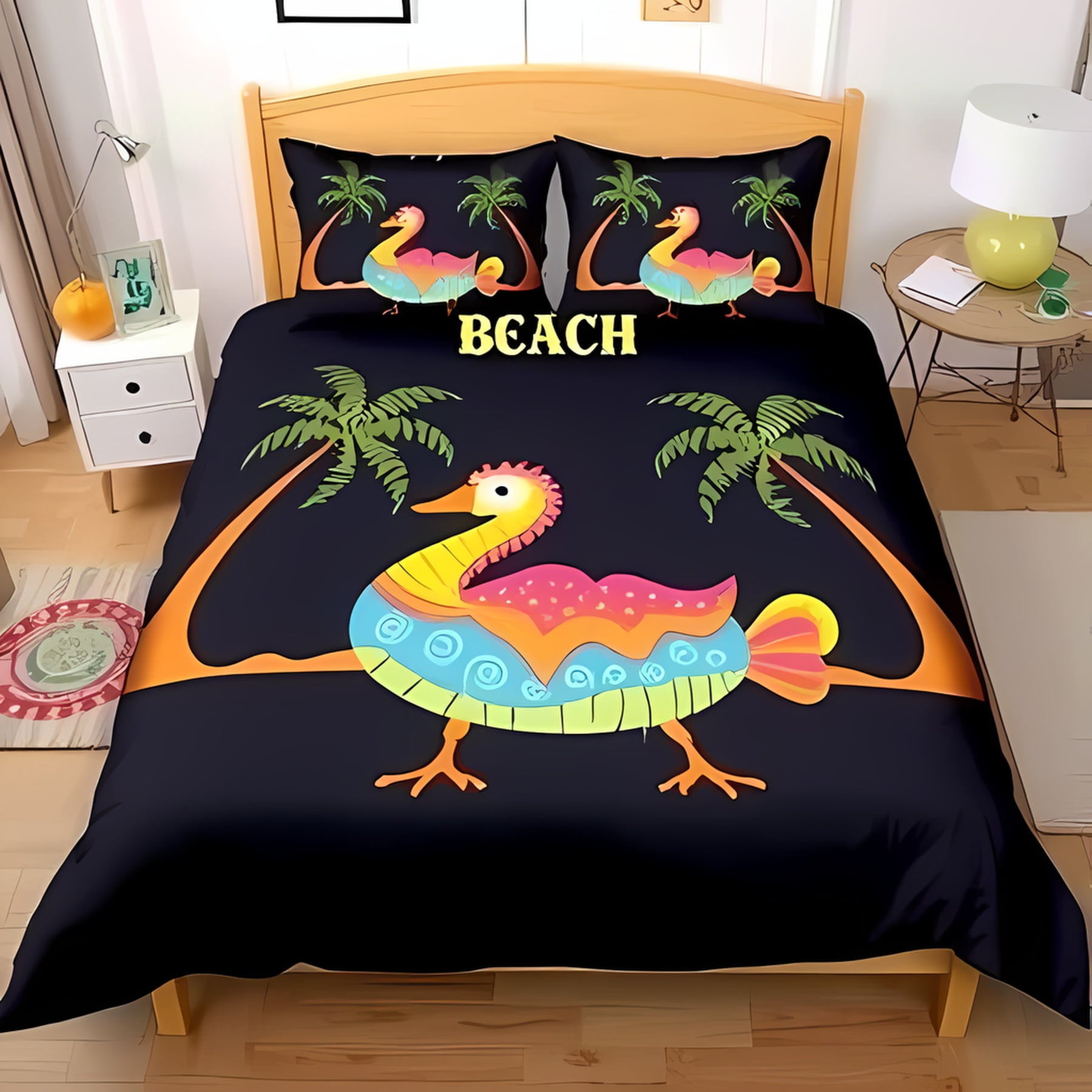 Vibrant 3-Piece Duvet Cover & Pillowcase Set - Whimsical Navy Bird ...