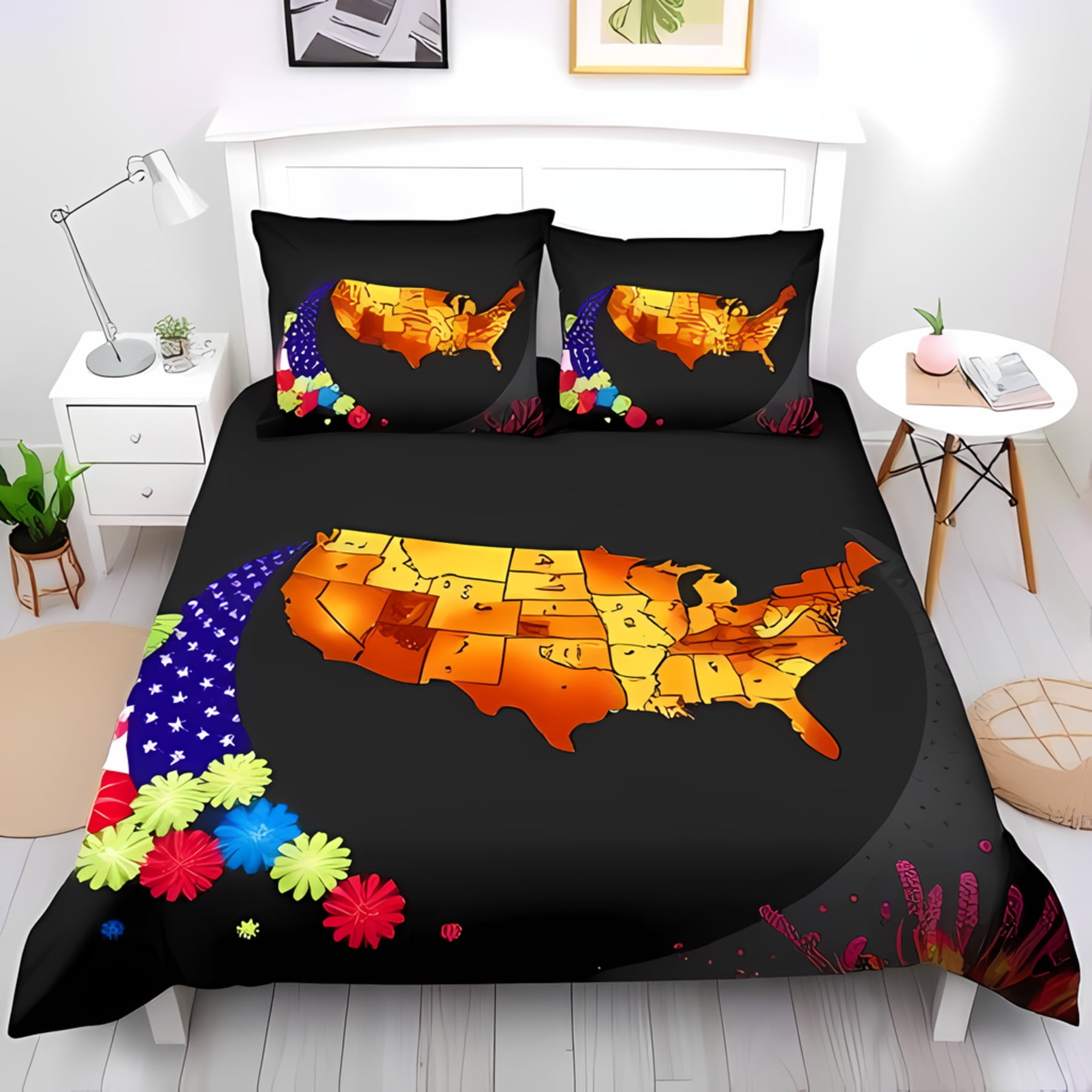 Vibrant 3-Piece Duvet Cover Set - Artistic USA Map with Floral Design ...