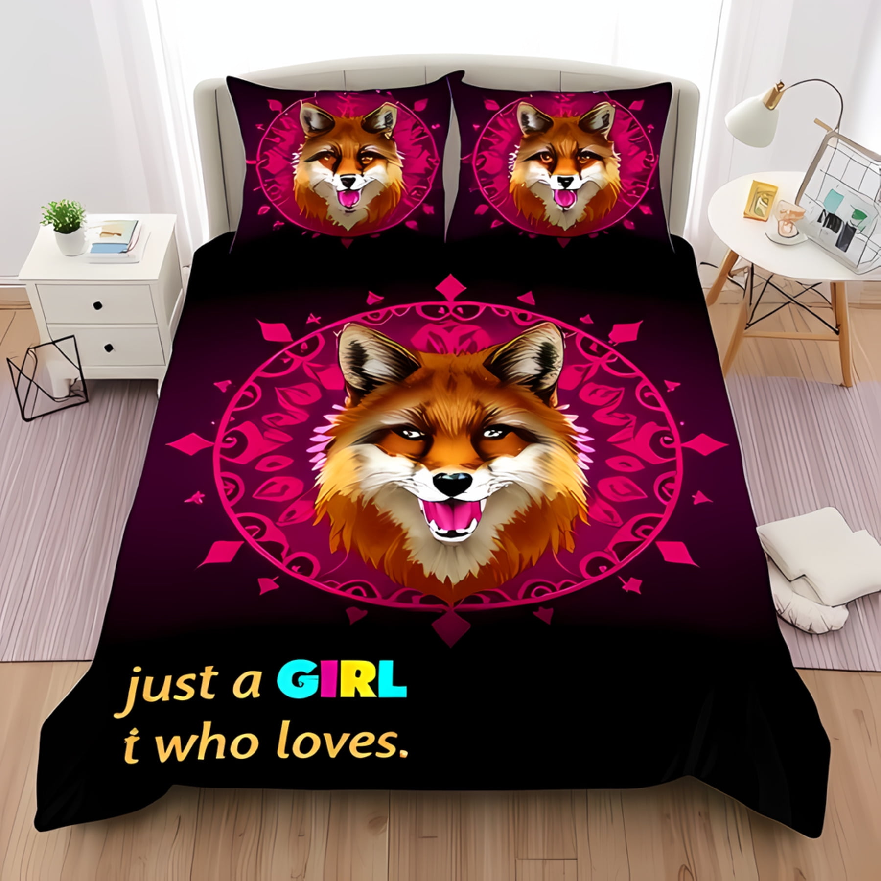 Vibrant 3-Piece Duvet Cover Set - Bold Black with Pink Fox Heads ...