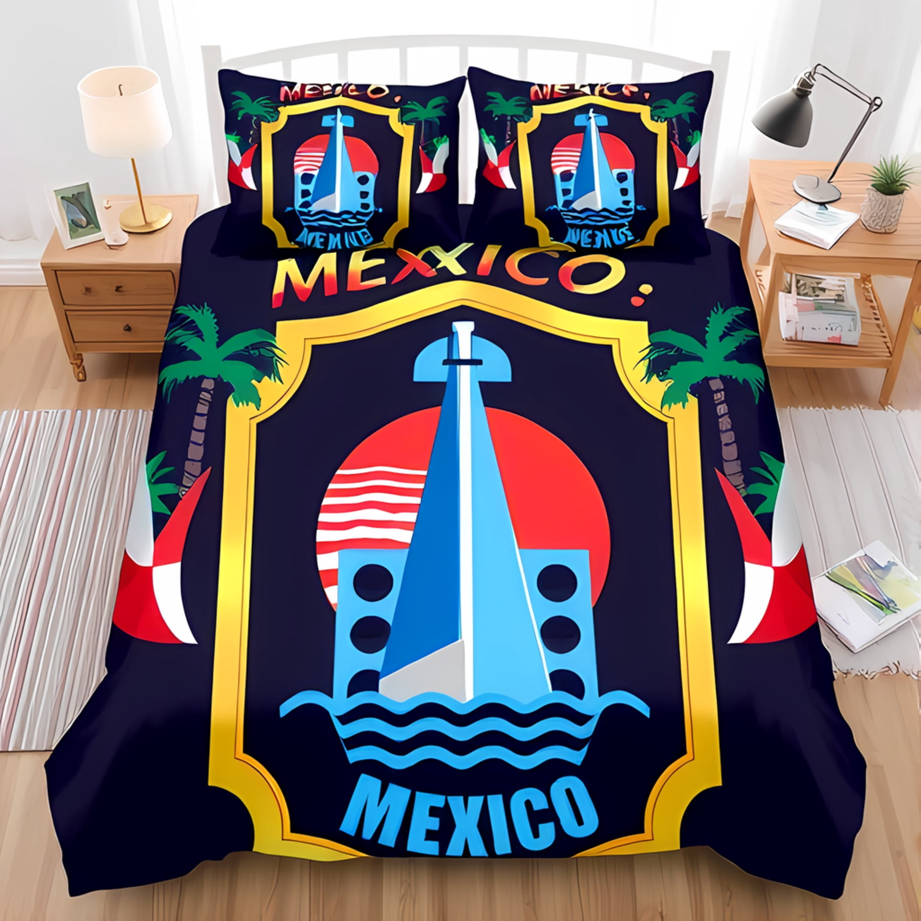 Vibrant 3-Piece Duvet Cover Set - Bold Mexican Culture Design with Blue ...