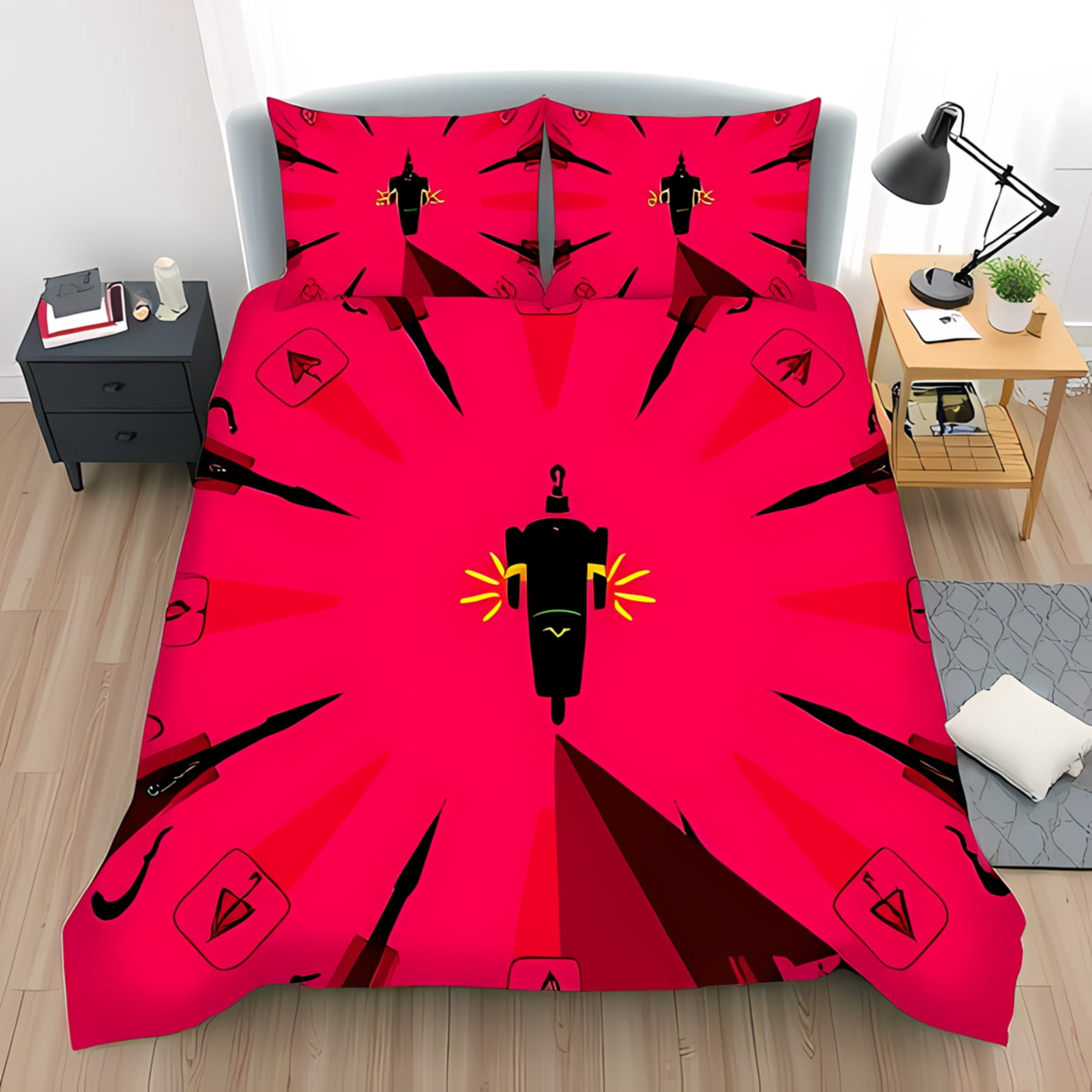 Vibrant 3-Piece Duvet Cover Set - Bold Red & Black Pattern with Central ...
