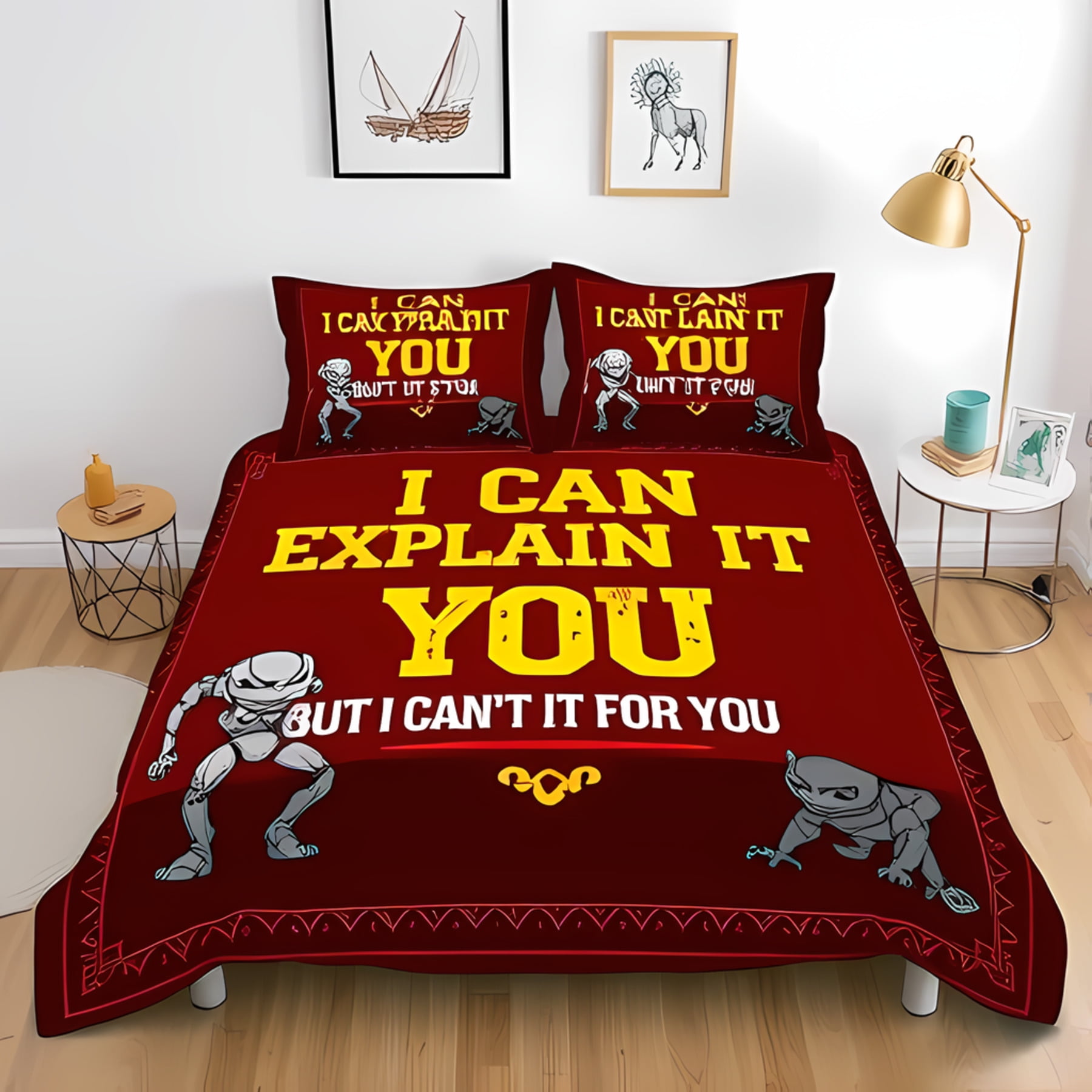 Vibrant 3-Piece Duvet Cover Set with Bold Typography & Cartoon Characters - " I CAN EXPLAIN IT ...
