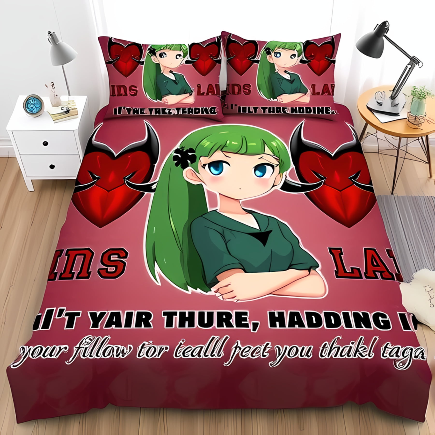 Vibrant 3-Piece Duvet Cover Set Featuring Anime Girl with Green Hair ...