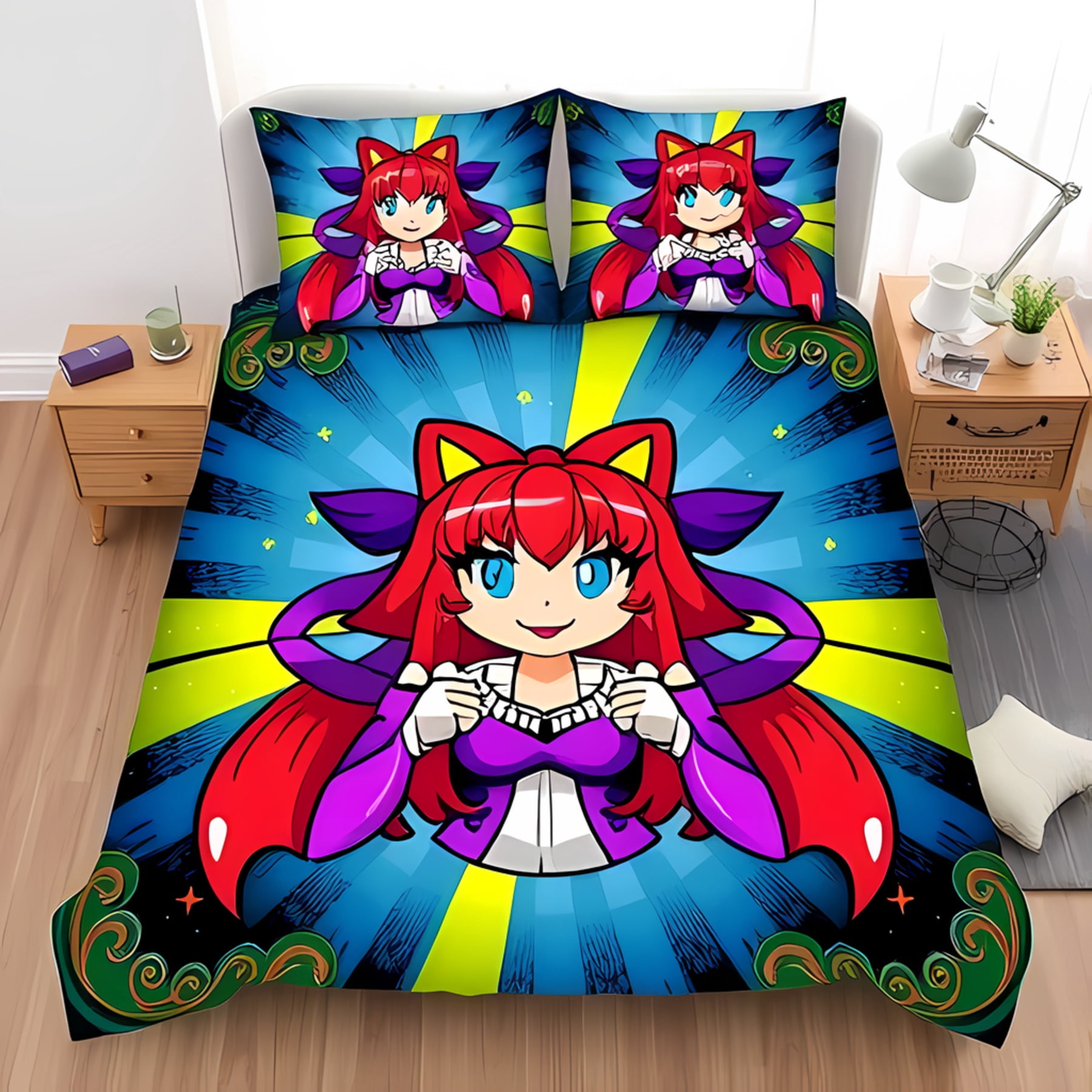 Vibrant 3-Piece Duvet Cover Set Featuring Anime Girl with Red Hair ...