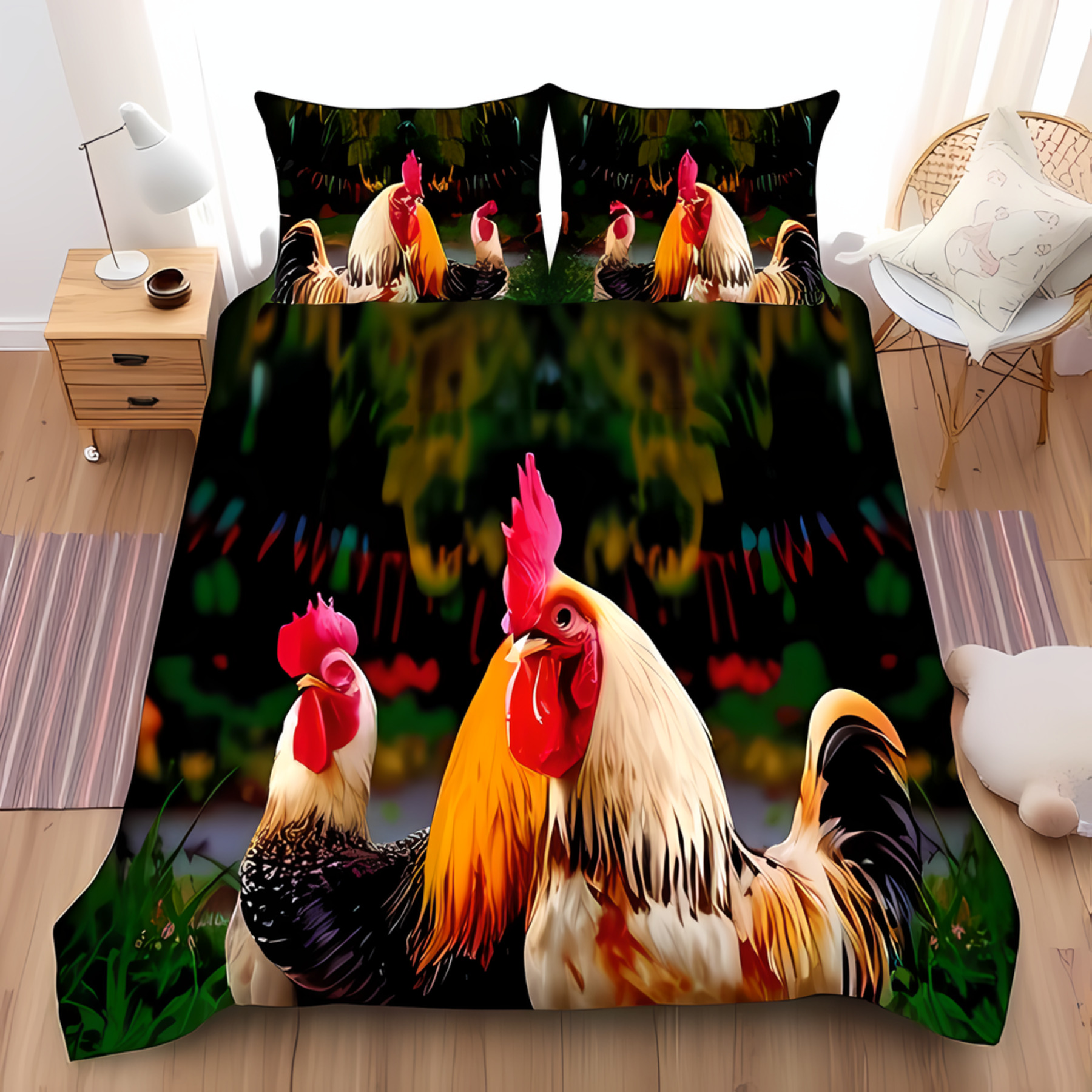 Vibrant 3-Piece Duvet Cover Set Featuring Majestic Roosters in Rich ...