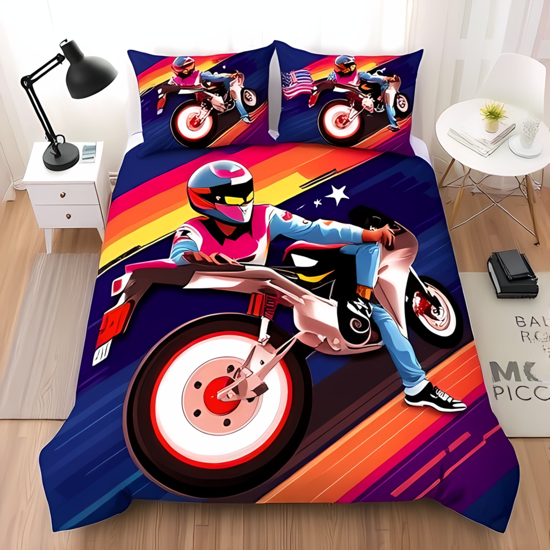 Vibrant 3-Piece Duvet Cover Set - Motorcyclist Wheelie Design in Colors ...