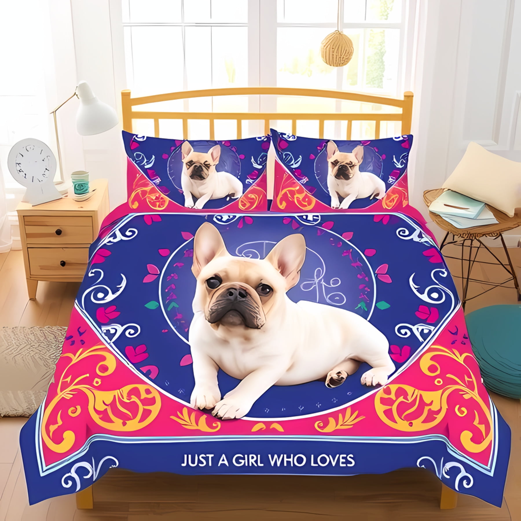 Vibrant 3-Piece Duvet Cover Set - Navy Blue & Fuchsia Design with Cream ...