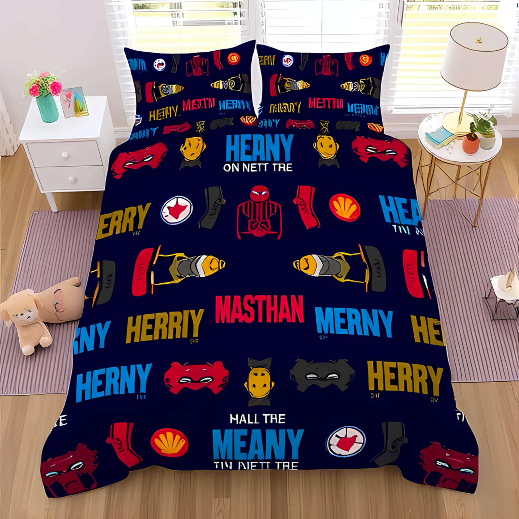 Vibrant 3-Piece Duvet Cover Set Navy Blue with Cartoon Characters ...