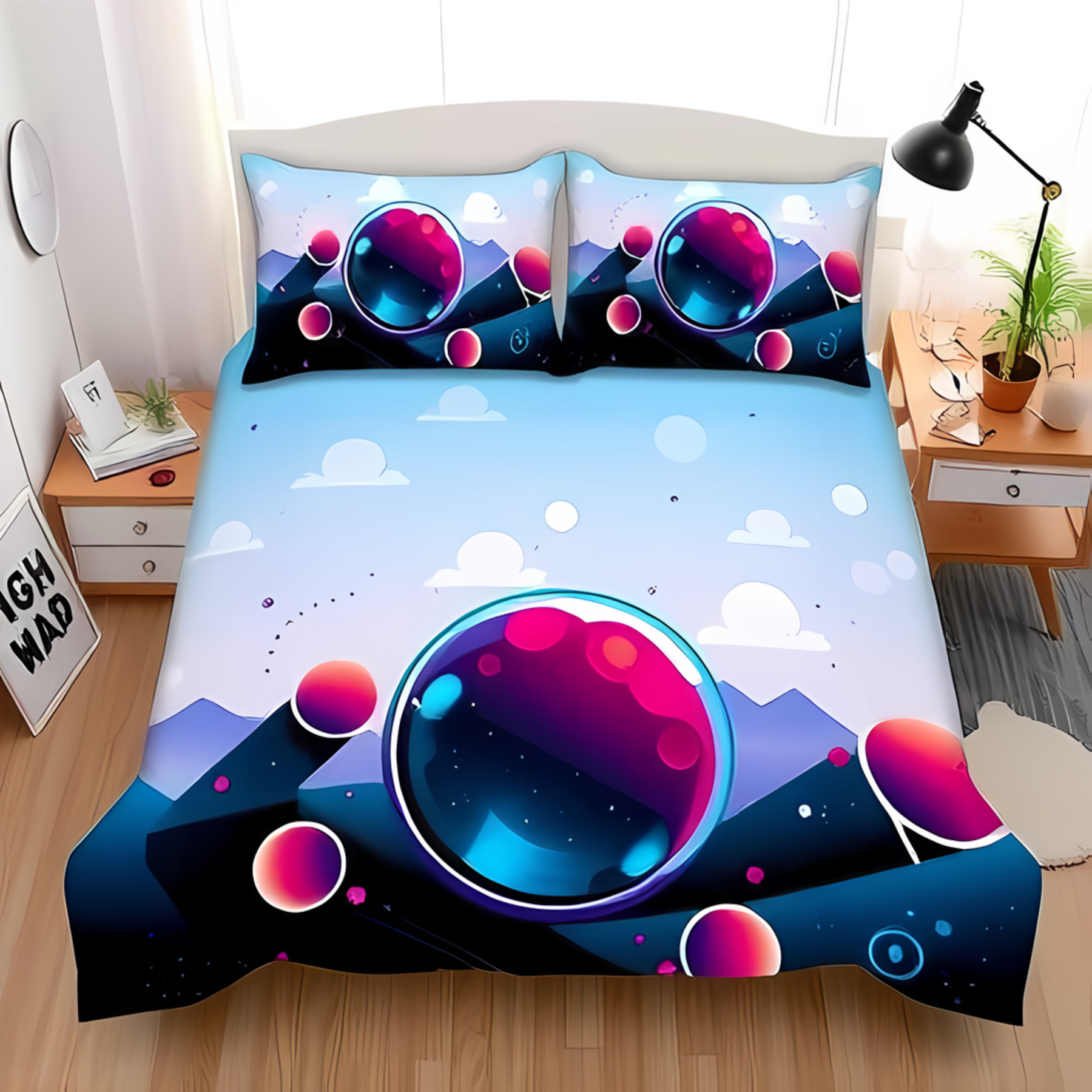 Vibrant 3-Piece Duvet Cover Set - Pastel Blue Sky with Geometric Shapes & Orbs - Modern Art ...