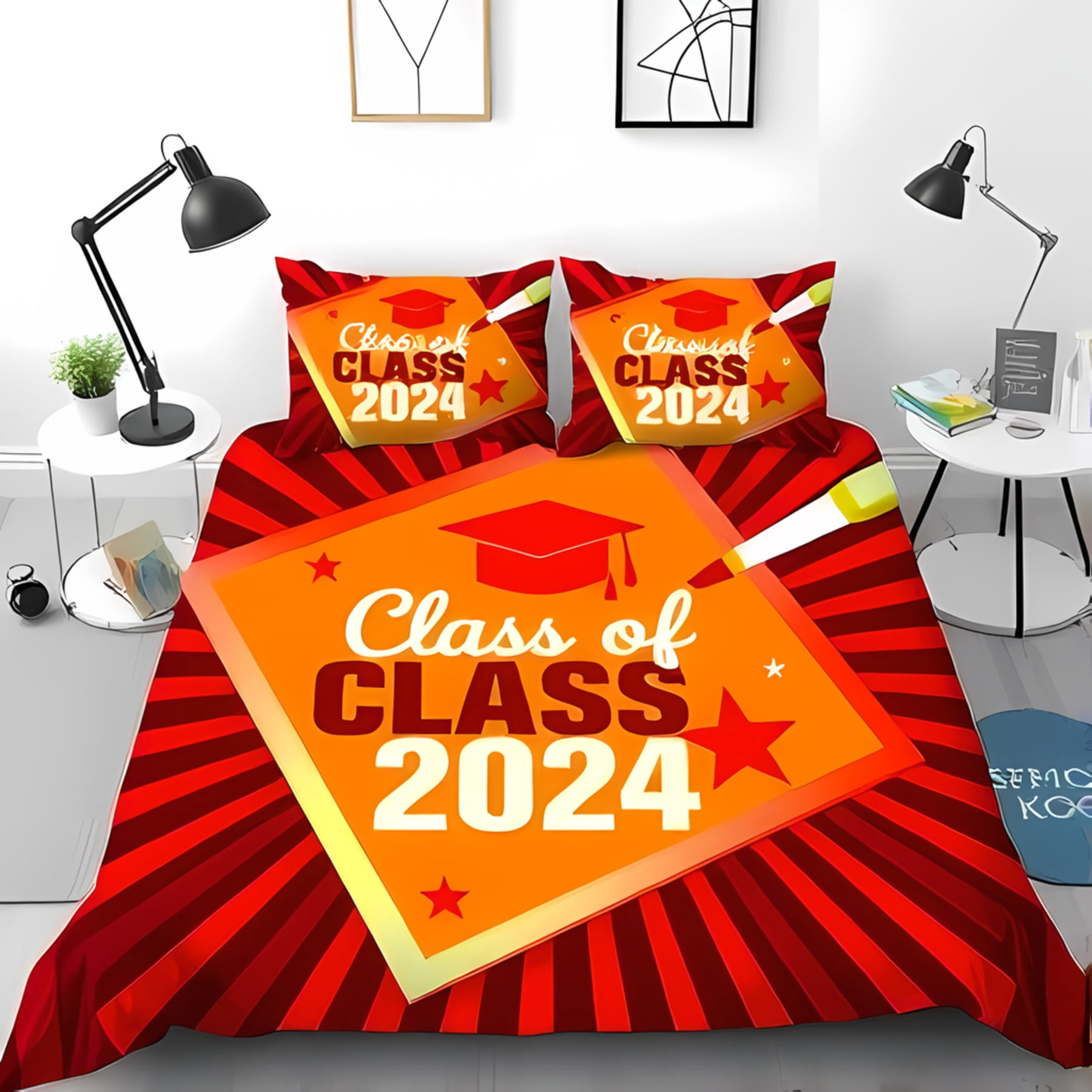 Vibrant 3-Piece Duvet Cover Set for Class of 2024 - Bright Red with ...