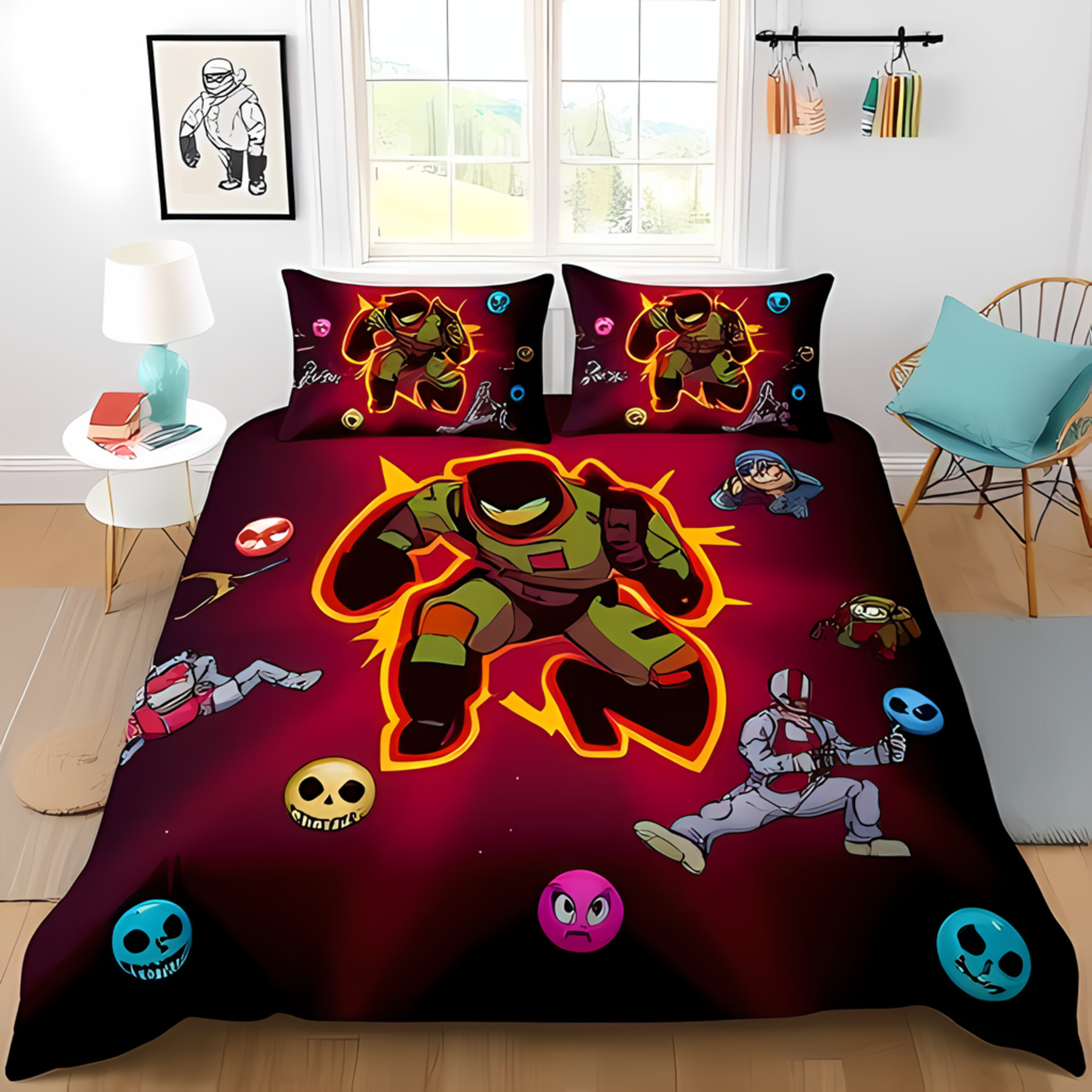 Vibrant 3-Piece Duvet Cover Set with Armored Robot & Playful Cartoon ...