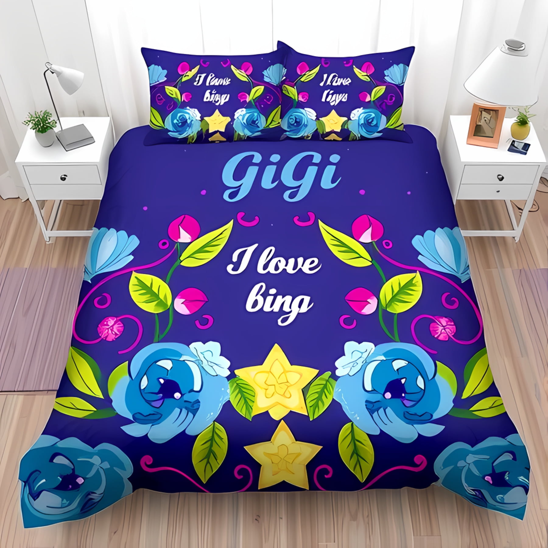 Vibrant 3-Piece Duvet Cover Set with Blue Floral Design Roses & Playful ...