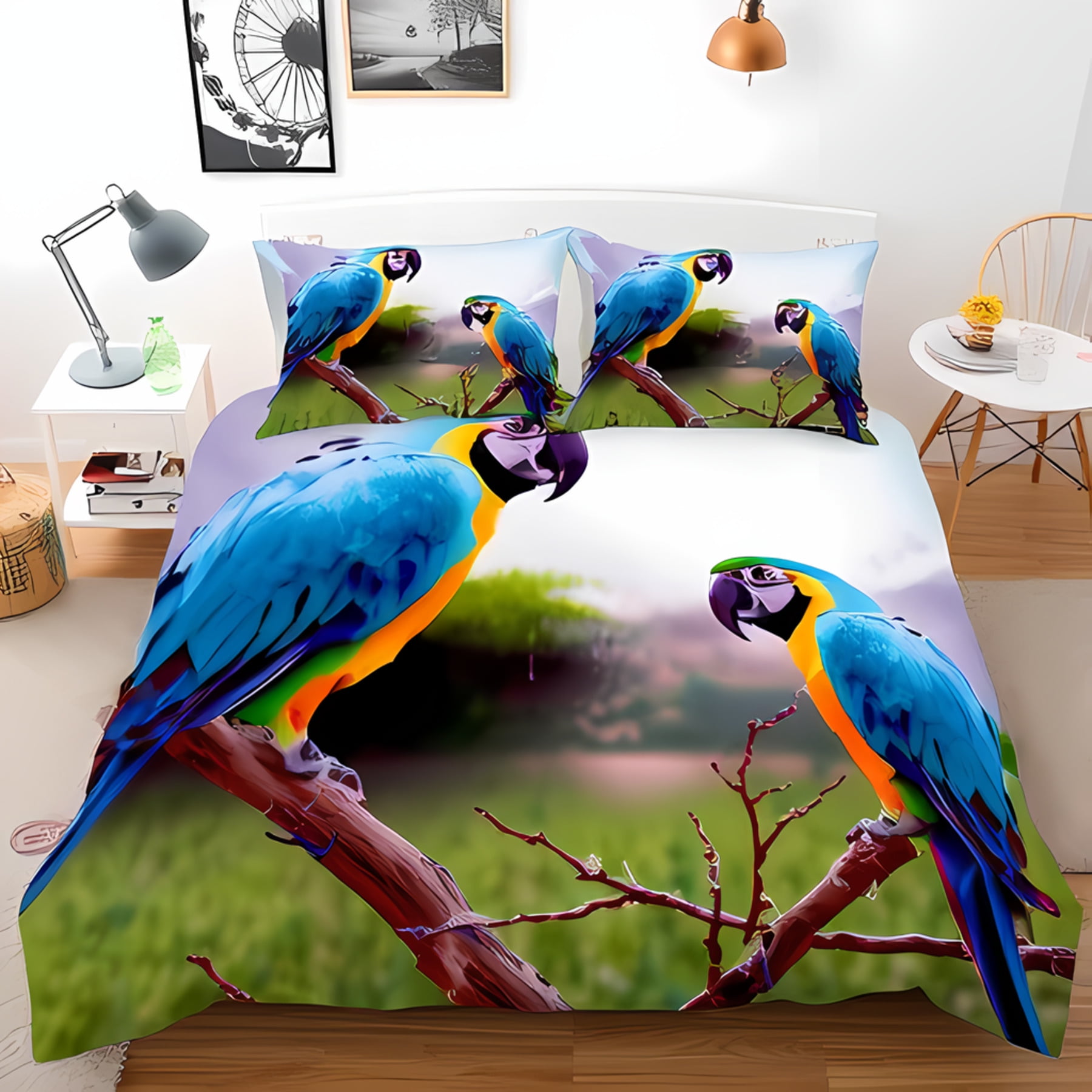 Vibrant 3-Piece Duvet Cover Set with Blue & Gold Macaws - Tropical ...
