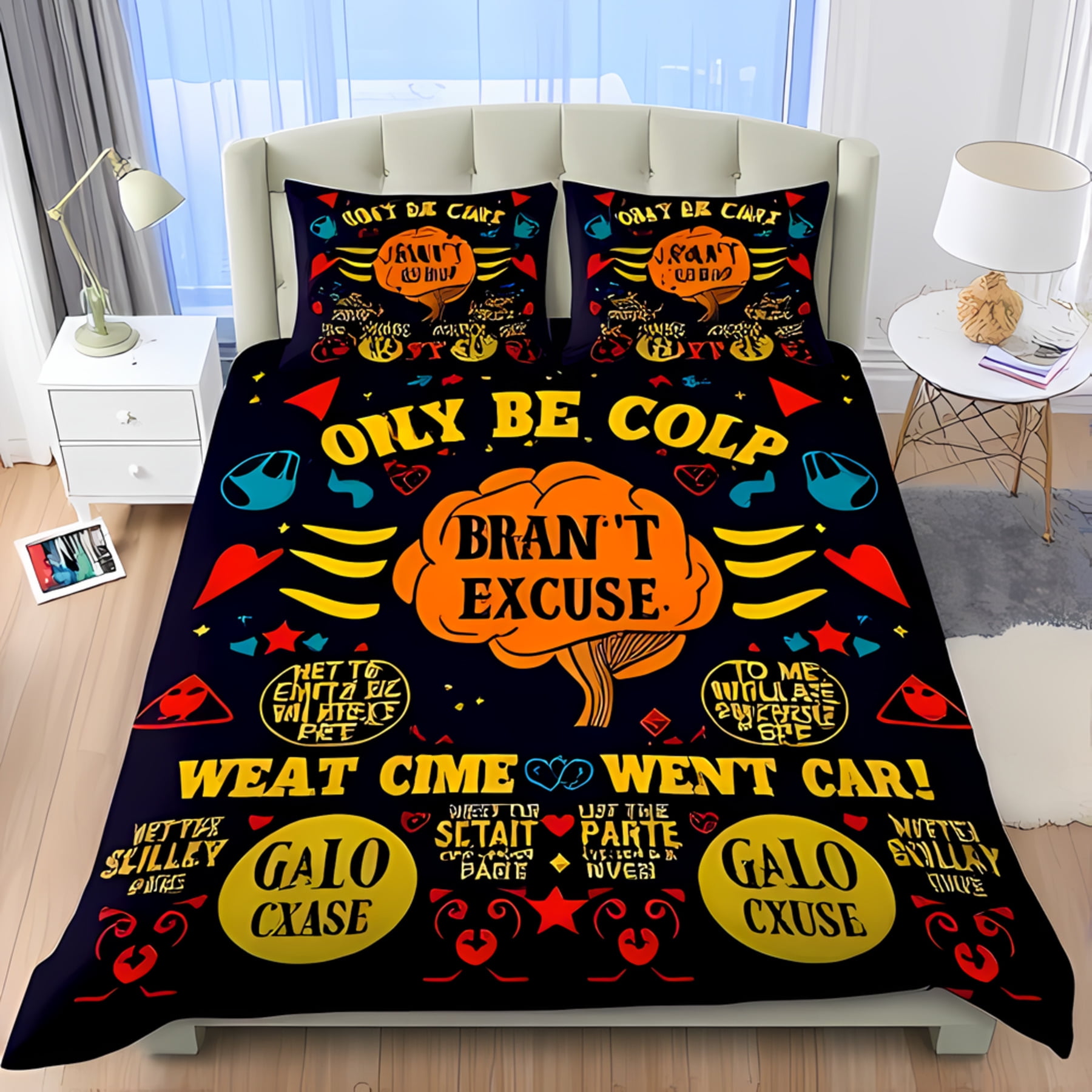 Vibrant 3-Piece Duvet Cover Set with Bold Black Background Colorful Brain Design & Playful ...