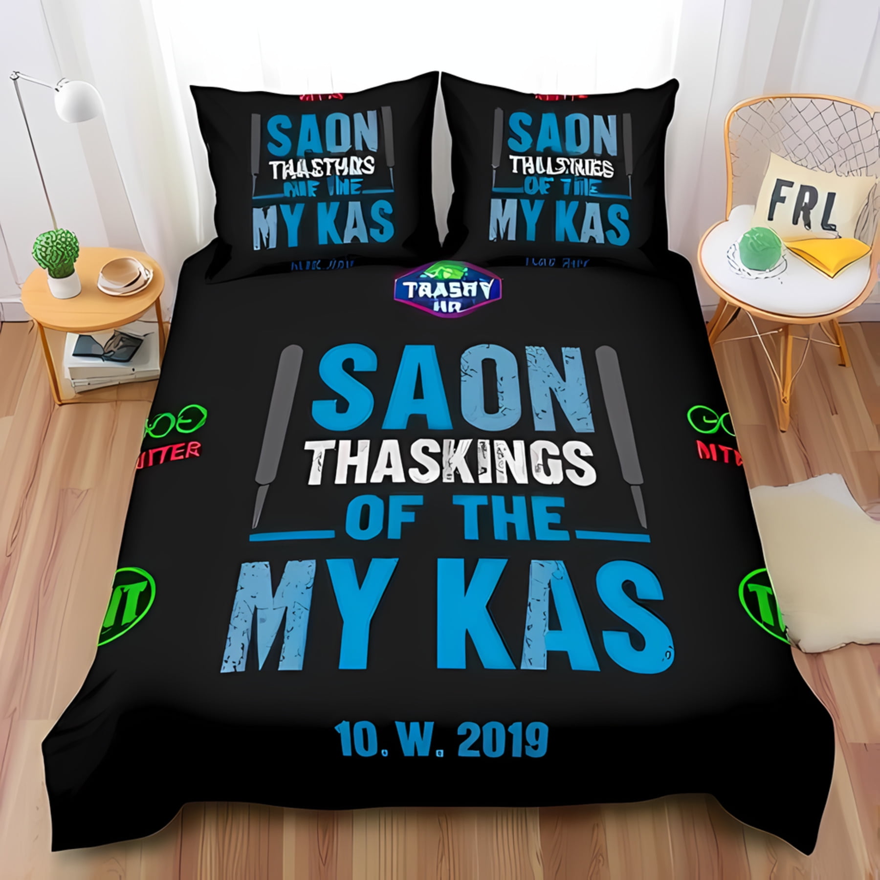 Vibrant 3-Piece Duvet Cover Set with Bold Blue & Green Text - Whimsical ...